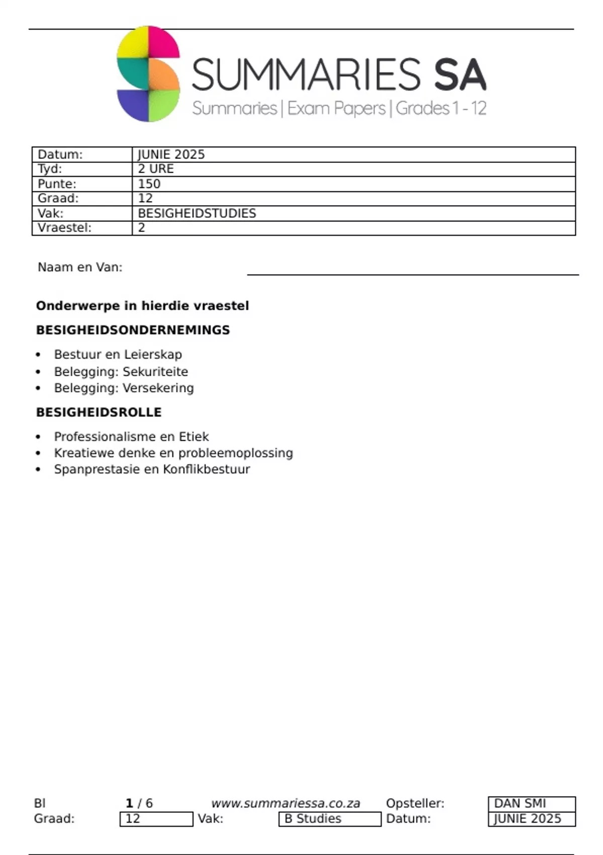 Graad 12 Besigheidstudies (BS) Junie Vraestel 2 en Memo - 2025 ...