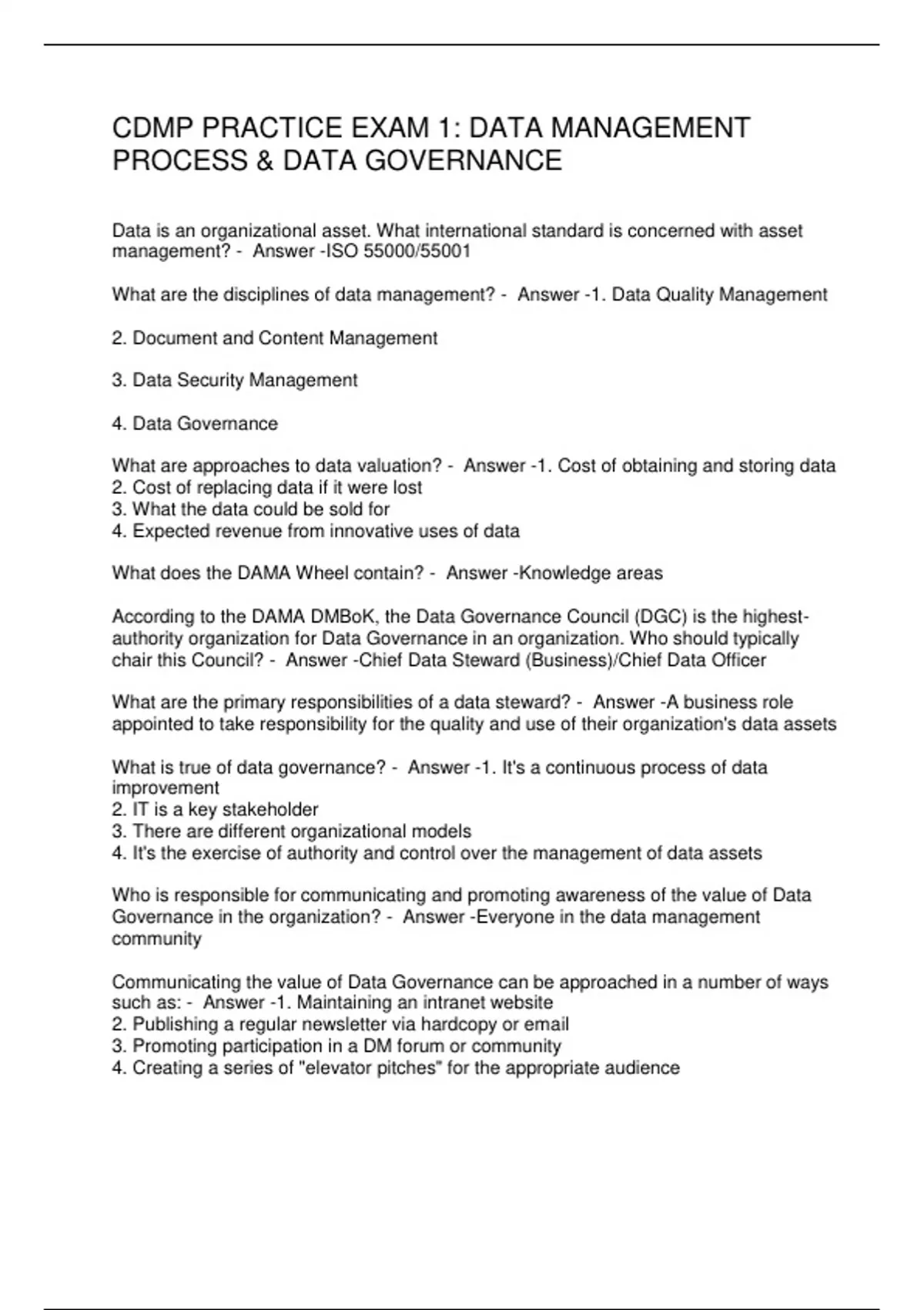 CDMP PRACTICE EXAM 1: DATA MANAGEMENT PROCESS & DATA GOVERNANCE - CDMP - Stuvia US