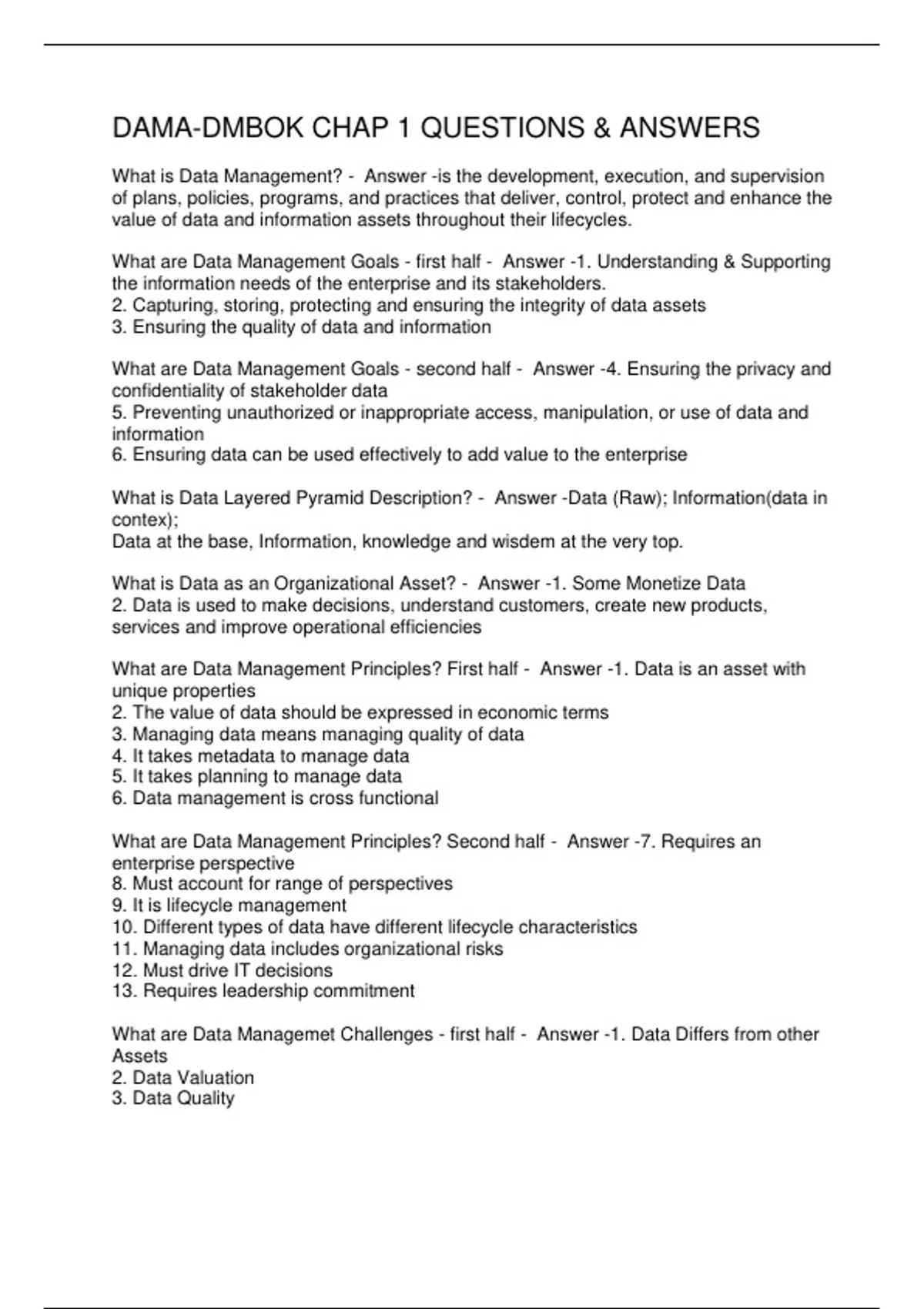 DAMA-DMBOK CHAP 1 QUESTIONS & ANSWERS - DAMA-DMBOK - Stuvia US