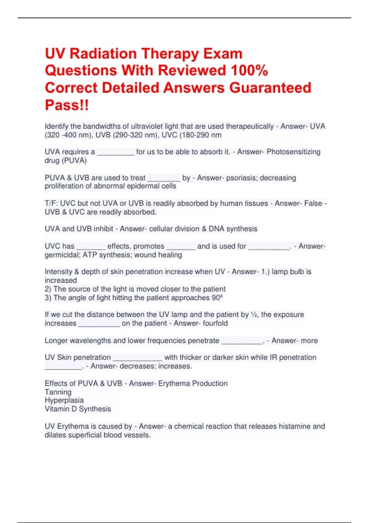 UV Radiation Therapy Exam Questions With Reviewed 100% Correct Detailed ...
