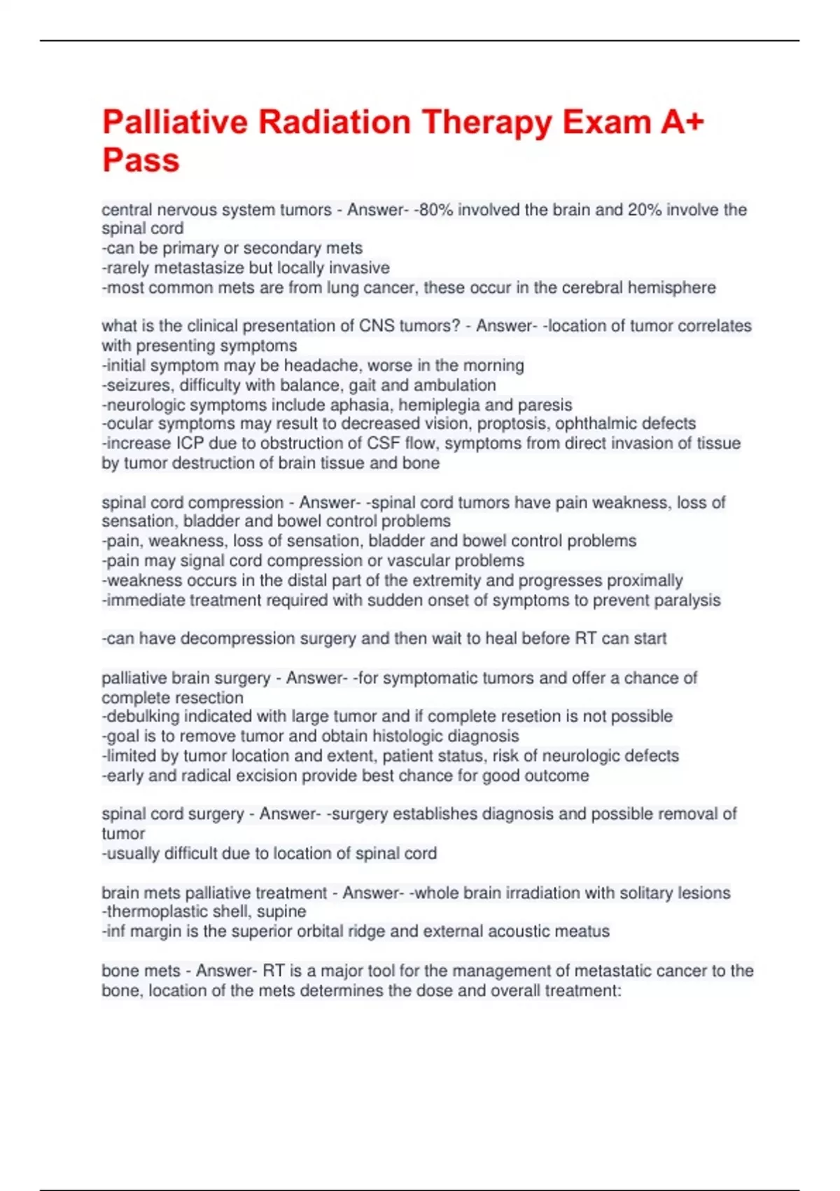 Palliative Radiation Therapy Exam A+ Pass - Palliative Radiation ...