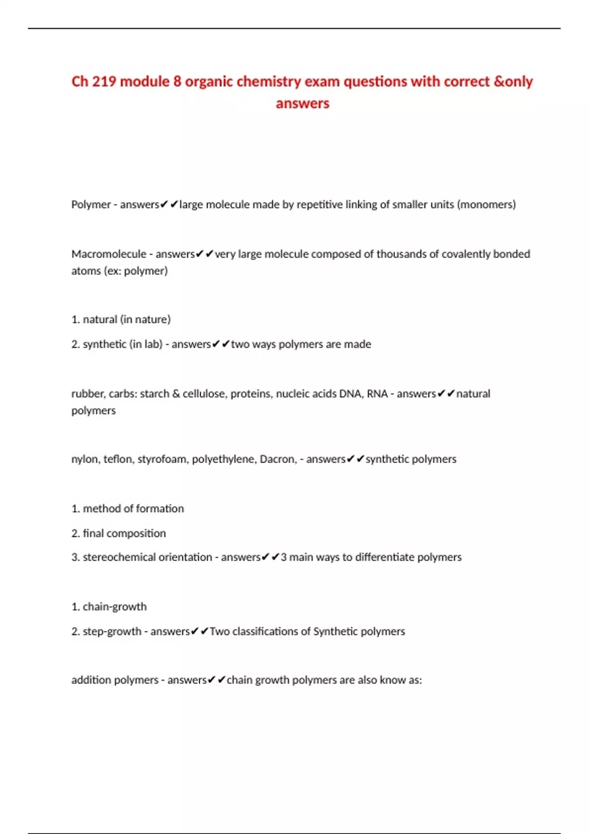 Ch 219 module 8 organic chemistry exam questions with correct &only ...