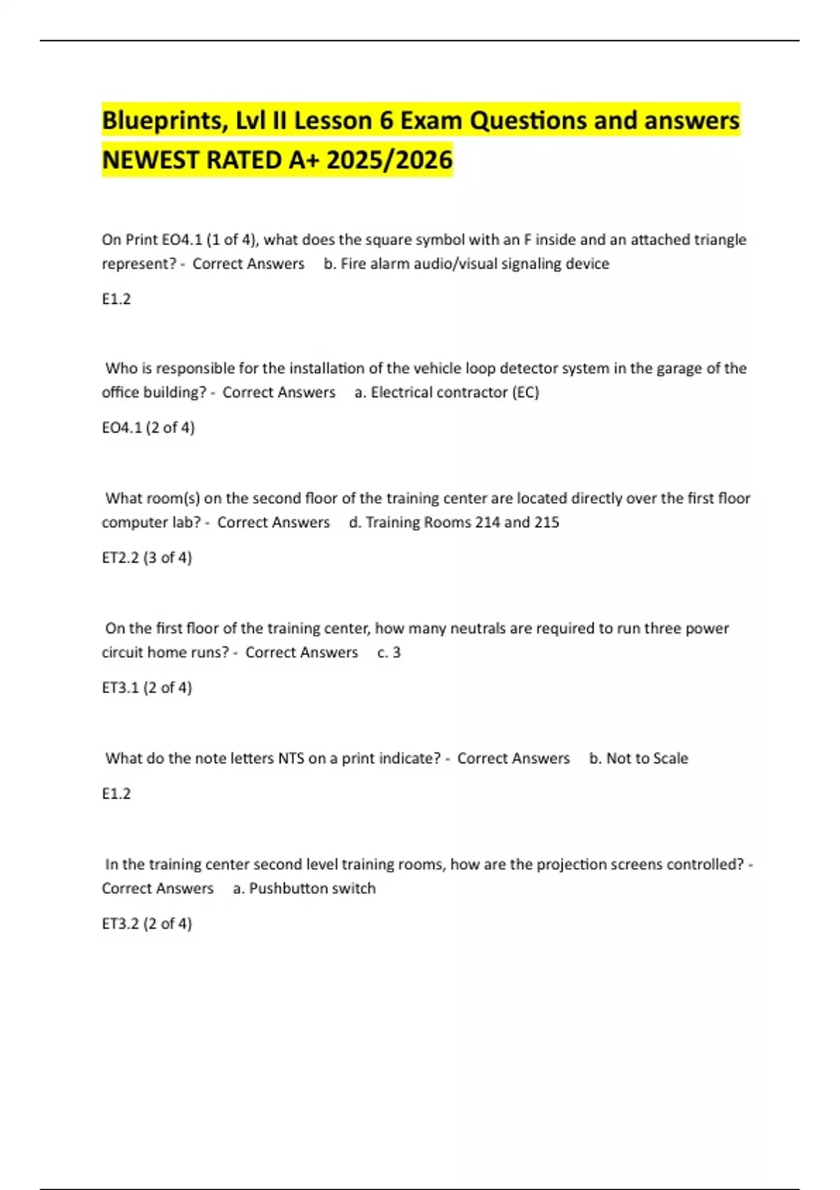 Blueprints, Lvl II Lesson 6 Exam Questions and answers NEWEST RATED A+ ...