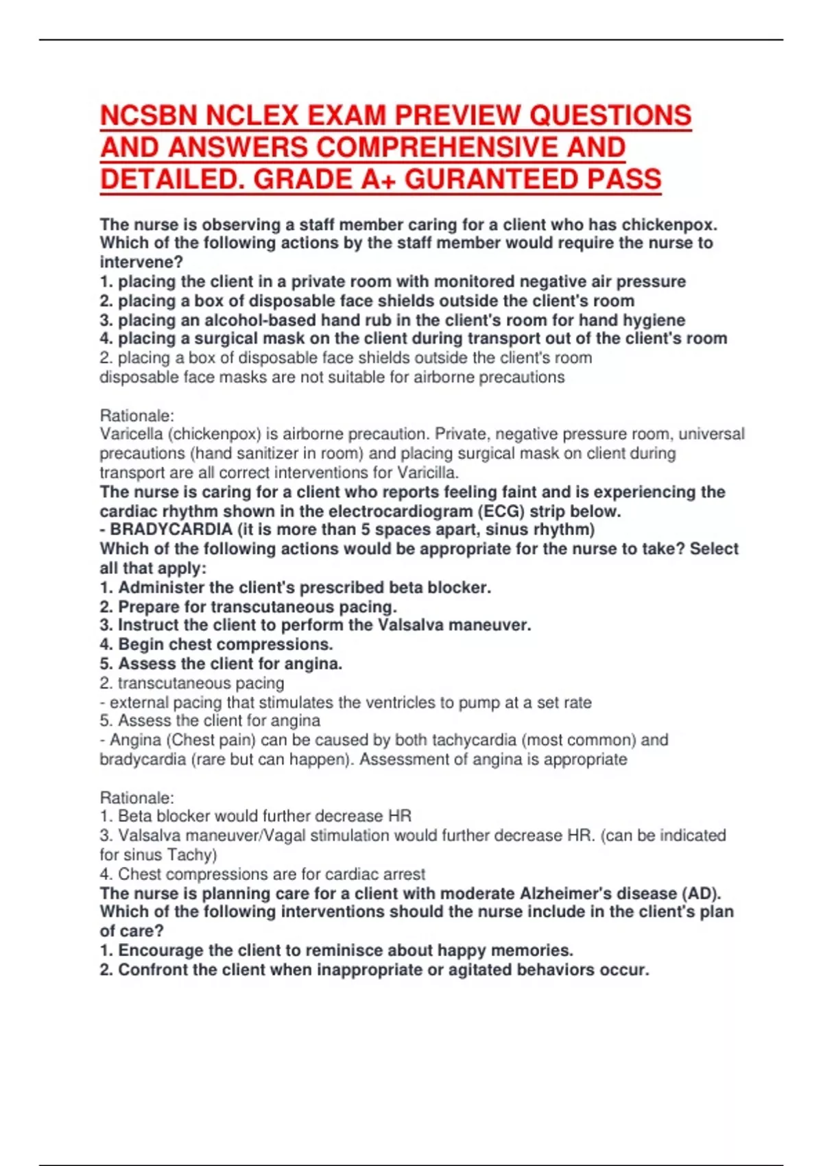 NCSBN NCLEX EXAM PREVIEW QUESTIONS AND ANSWERS COMPREHENSIVE AND ...