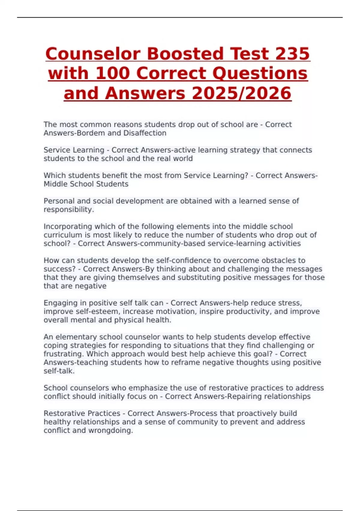 Counselor Boosted Test 235 – 100 Correct Questions and Answers 2025/ ...