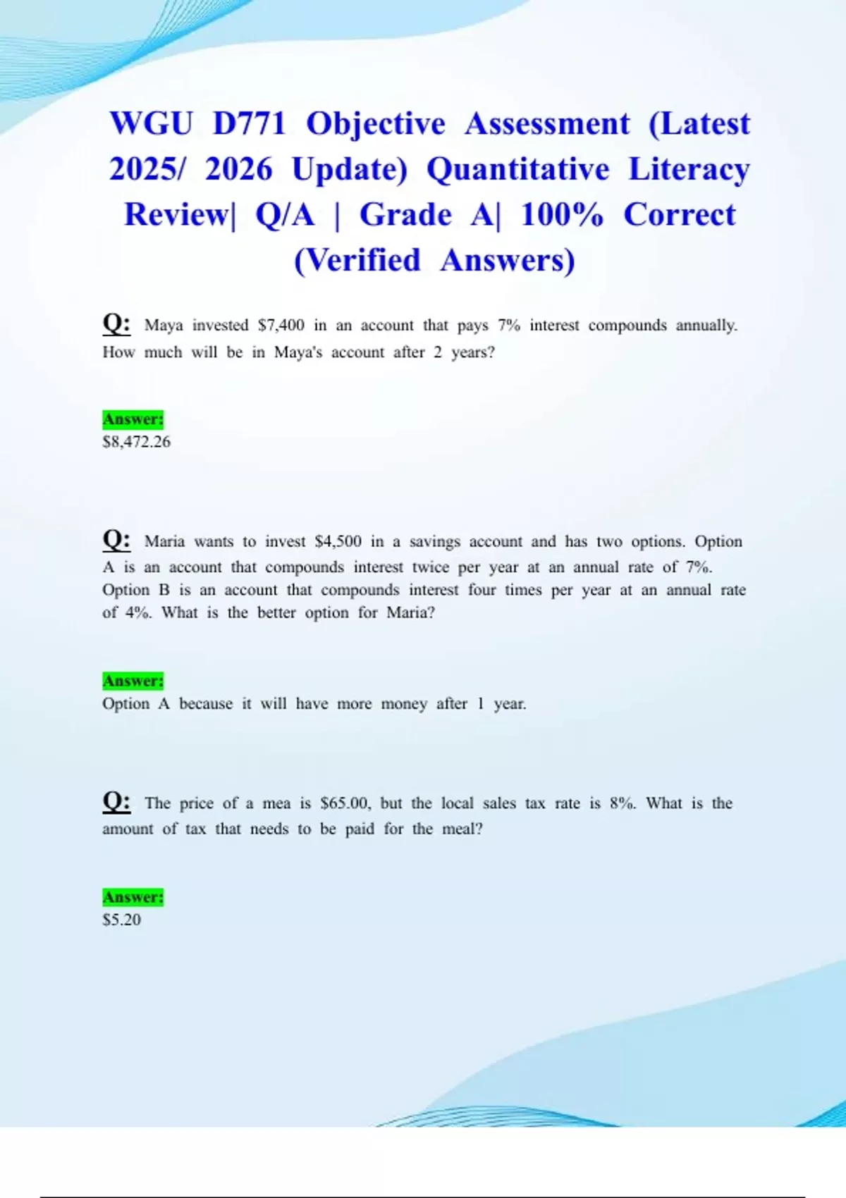 WGU D771 Objective Assessment (Latest 2025/ 2026 Update) Quantitative ...