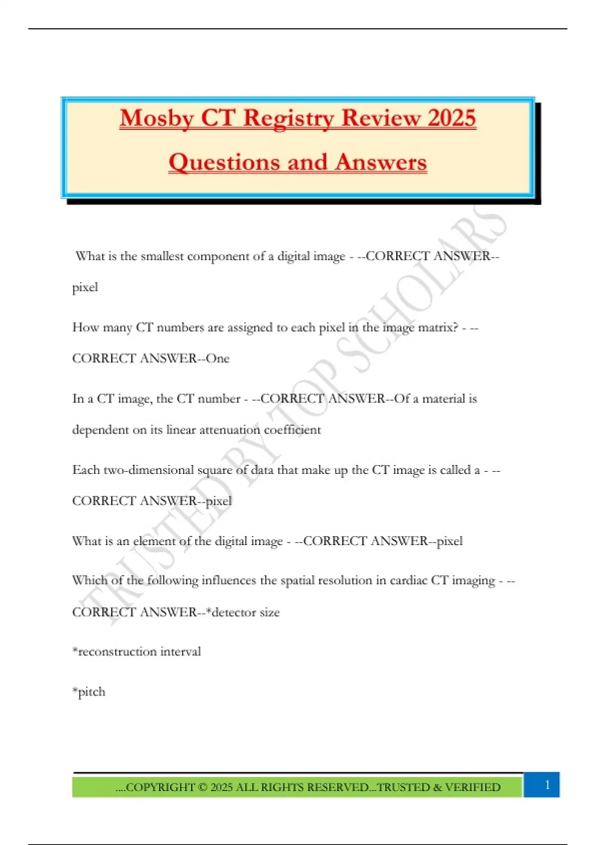 Mosby CT Registry Review 2025 Questions and Answers - Mosbys - Stuvia US