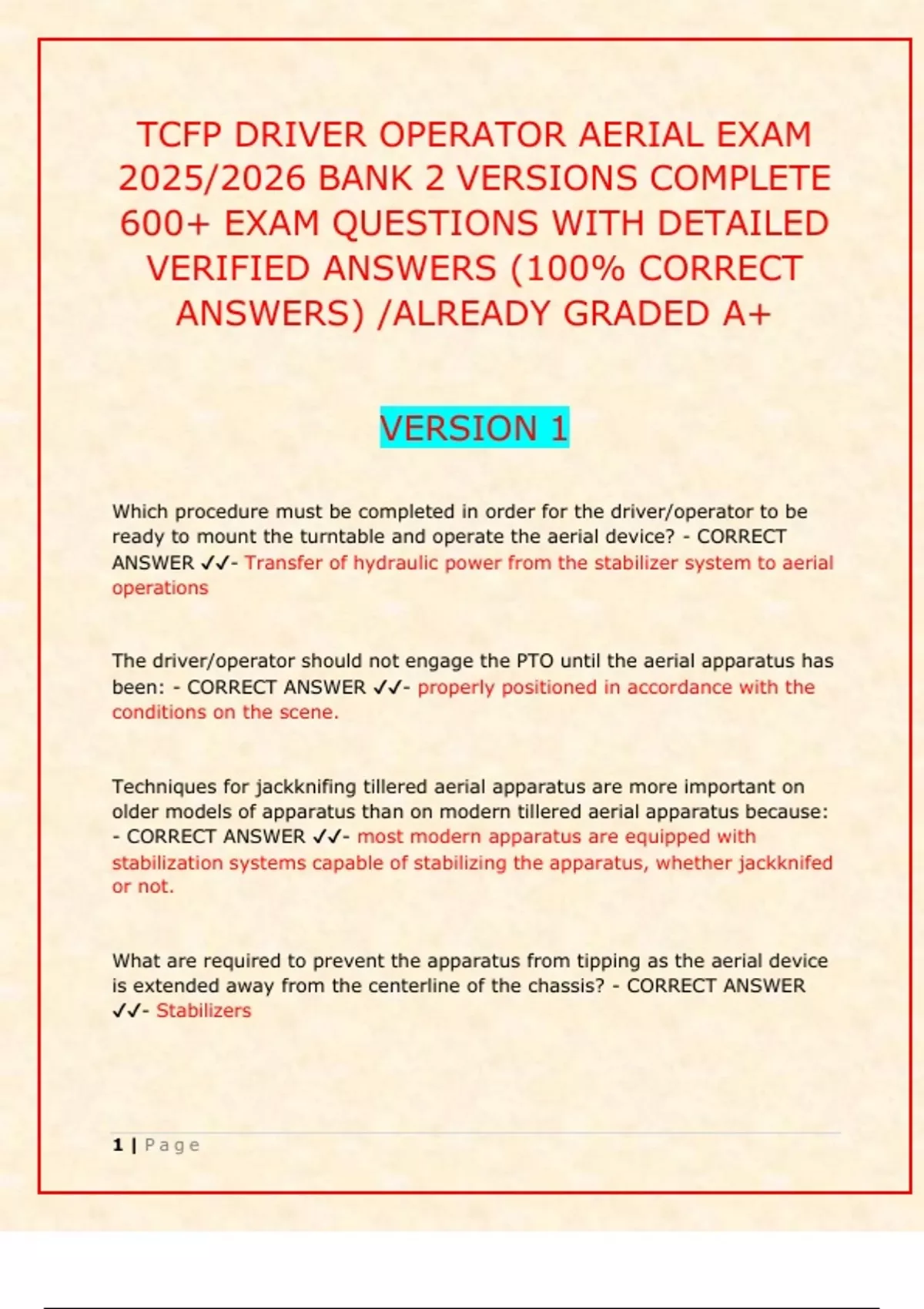 TCFP DRIVER OPERATOR AERIAL EXAM 2025/2026 BANK 2 VERSIONS COMPLETE 600 ...