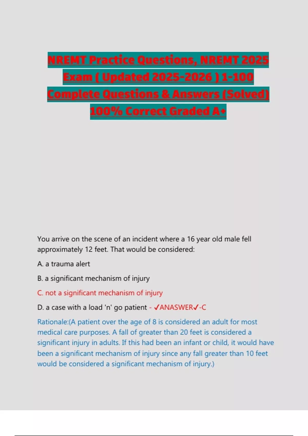 NREMT Practice Questions, NREMT 2025 Exam ( Updated ) 1-100 Complete ...