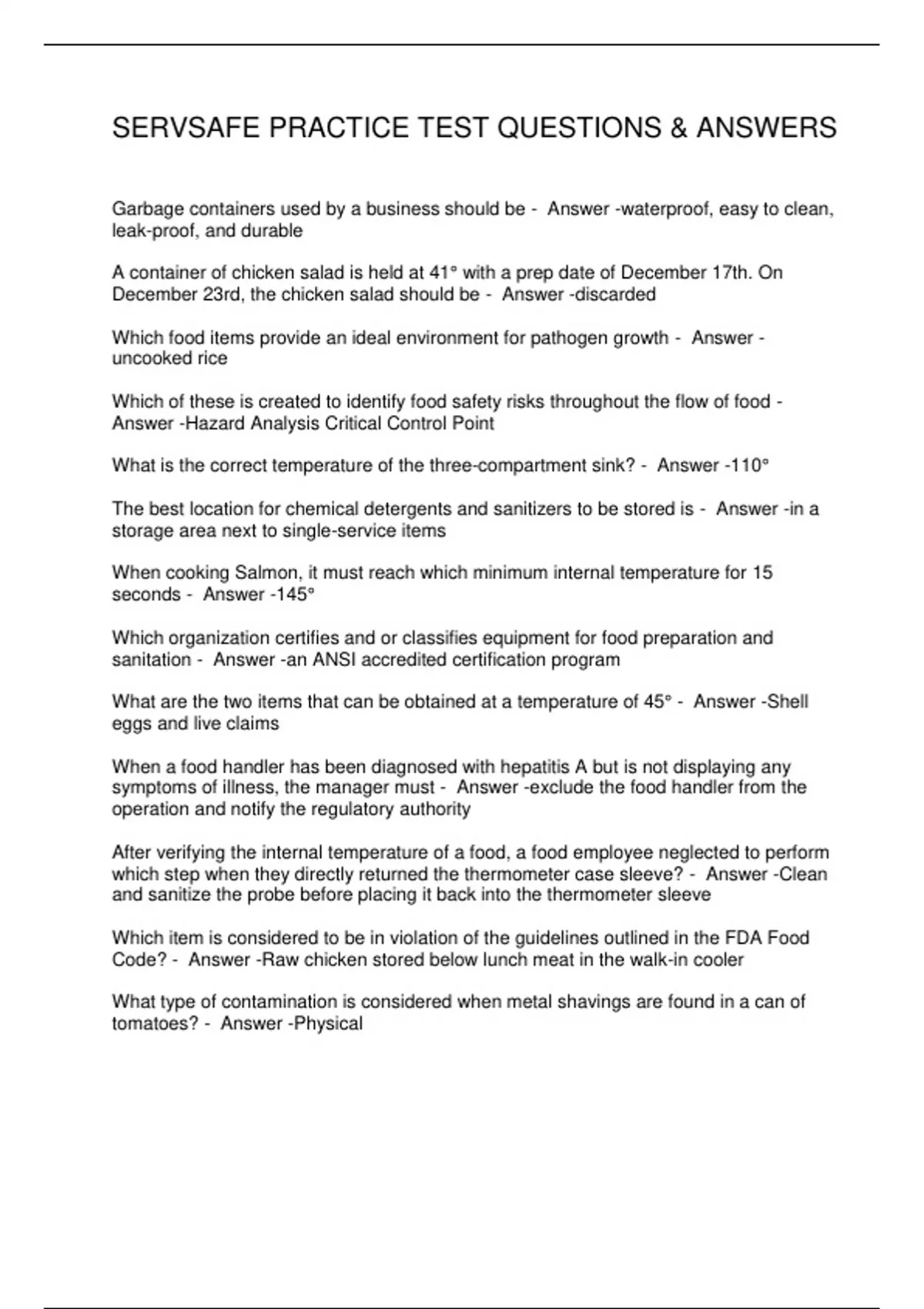 SERVSAFE PRACTICE TEST QUESTIONS & ANSWERS - SERVSAFE CERTIFICATION ...