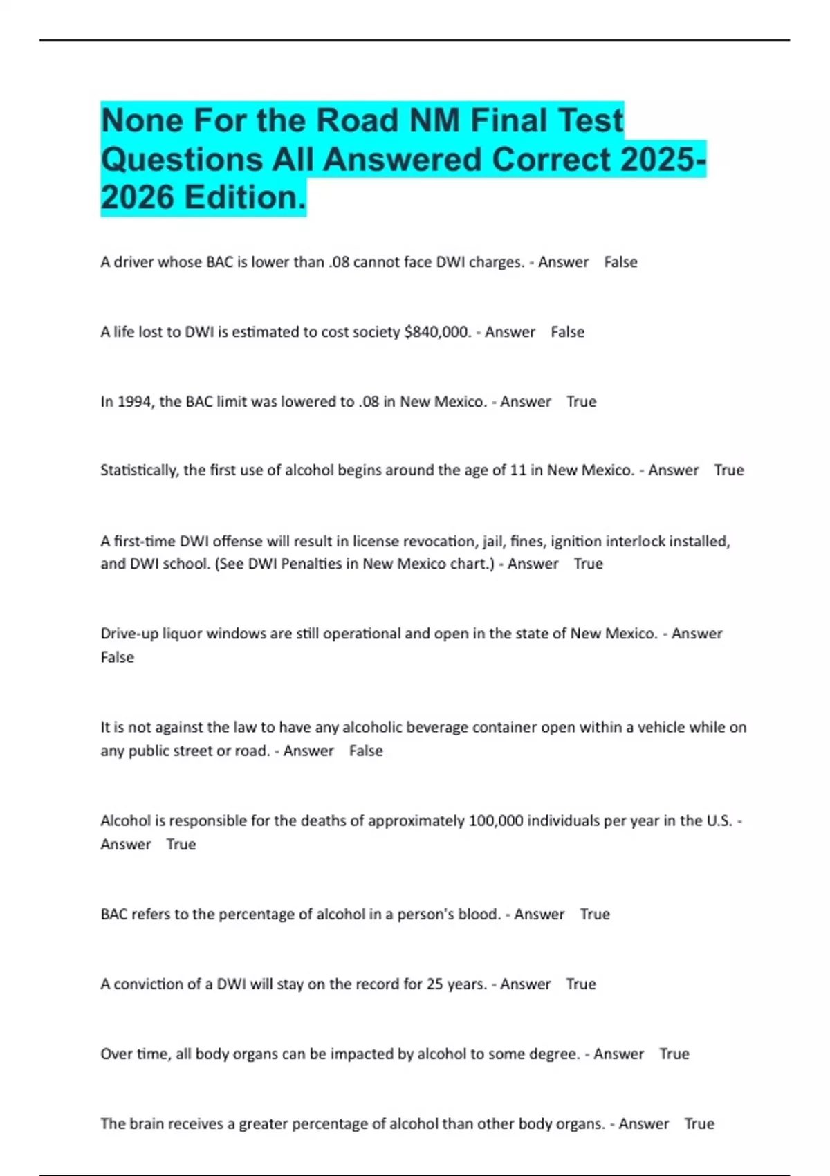 None For the Road NM Final Test Questions All Answered Correct Edition ...