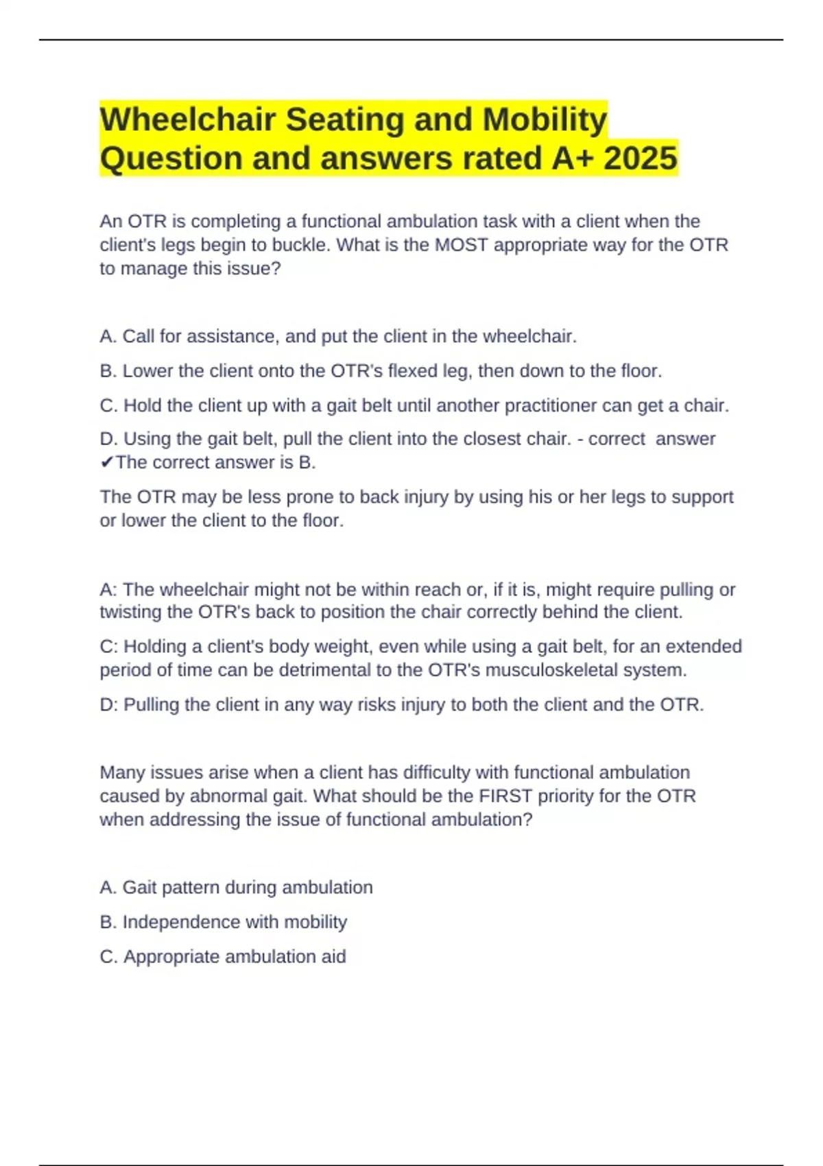 Wheelchair Seating and Mobility Question and answers rated A+ 2025 ...