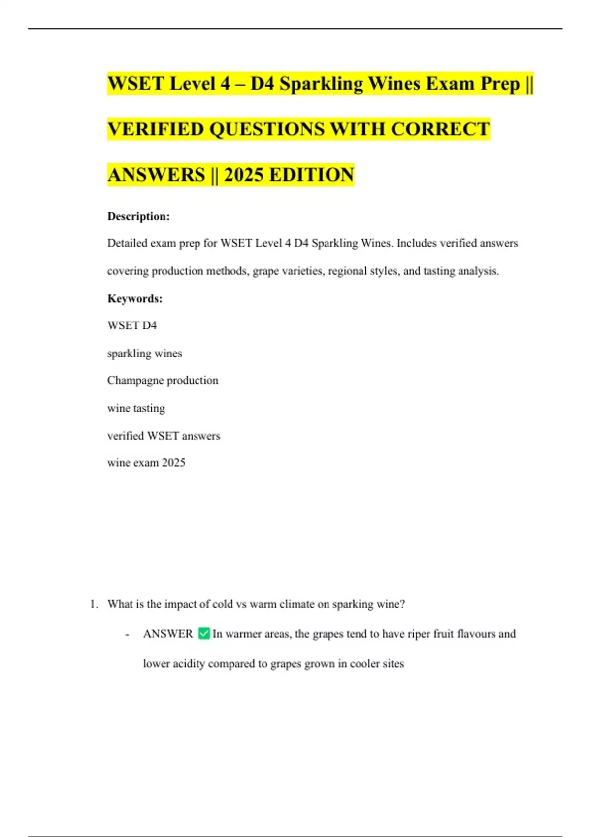 WSET Level 4 – D4 Sparkling Wines Exam Prep || VERIFIED QUESTIONS WITH CORRECT ANSWERS || 2025 ...