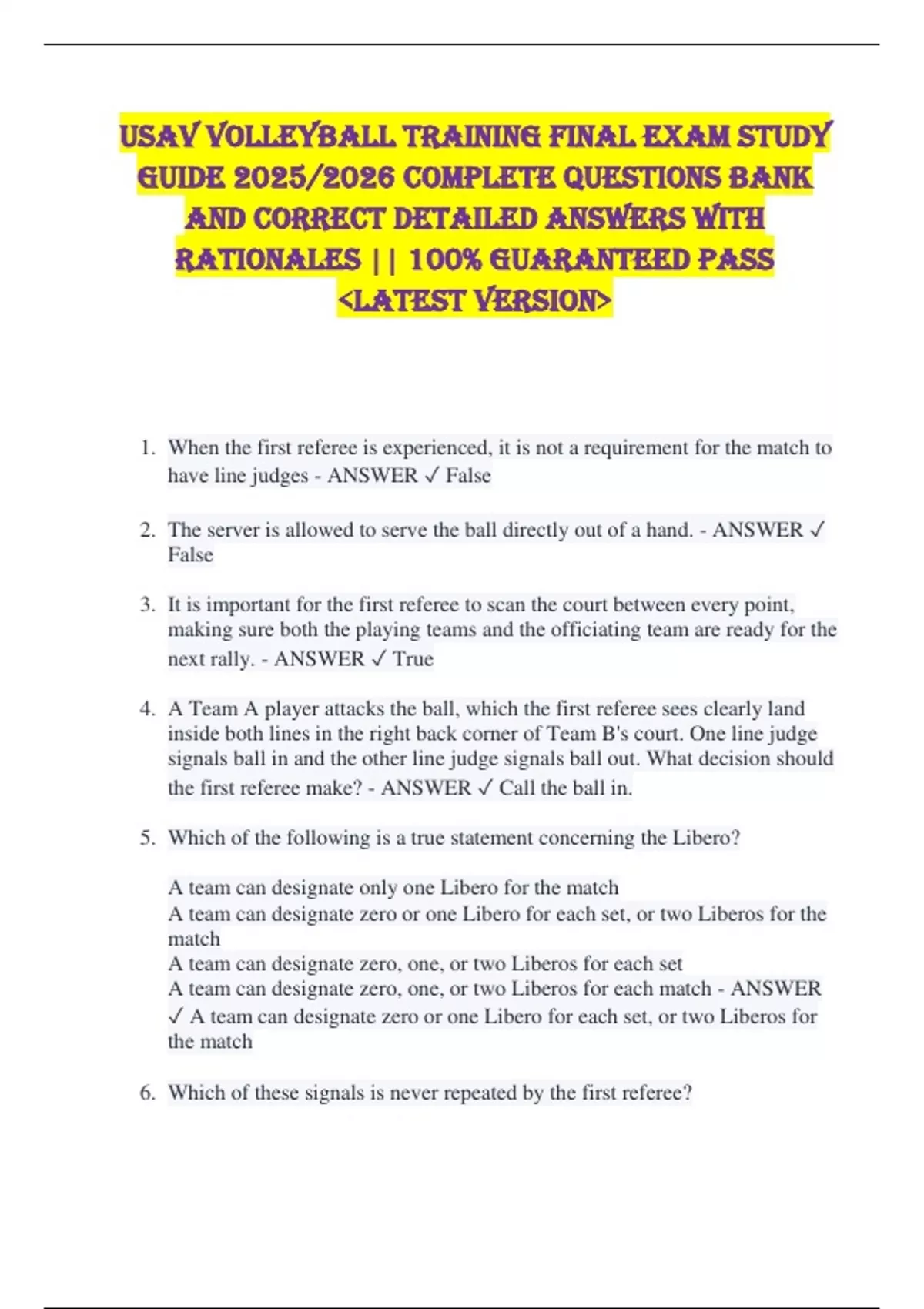 USAV Volleyball Training FINAL EXAM STUDY GUIDE 2025/2026 COMPLETE ...