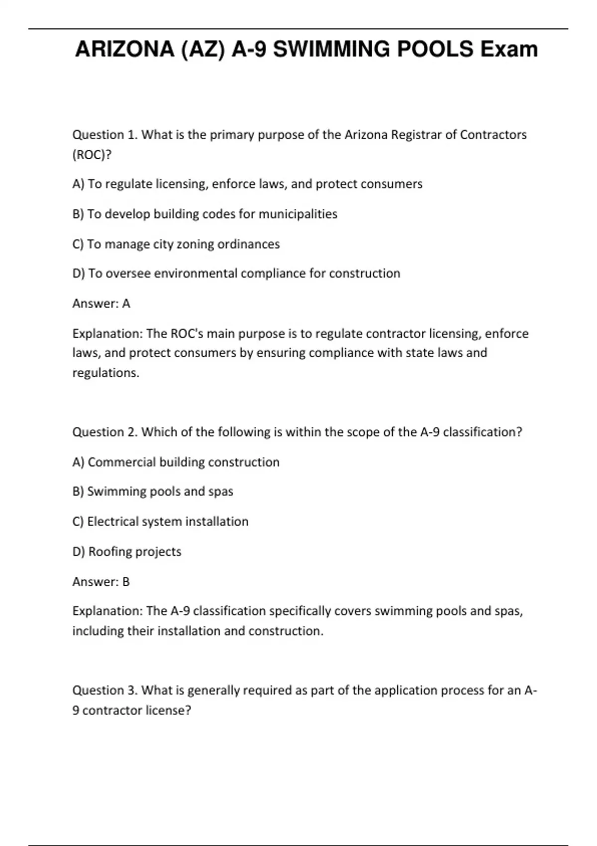 ARIZONA (AZ) A-9 SWIMMING POOLS Exam - Computer - Stuvia US