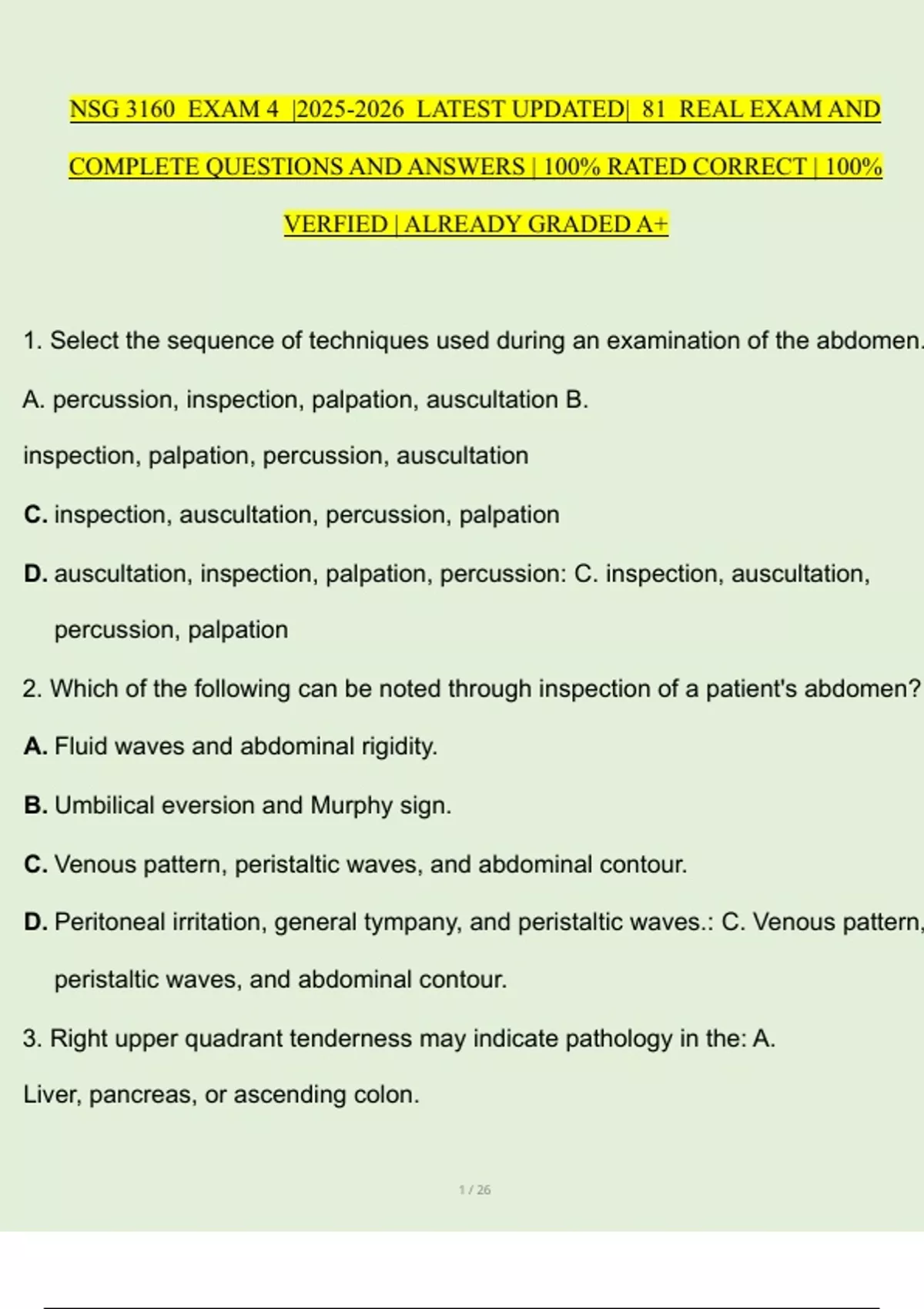 NSG 3160 EXAM 4 | LATEST UPDATED| 81 REAL EXAM AND COMPLETE QUESTIONS ...