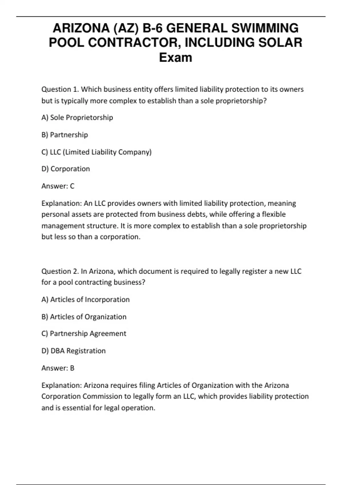 ARIZONA (AZ) B-6 GENERAL SWIMMING POOL CONTRACTOR, INCLUDING SOLAR Exam ...