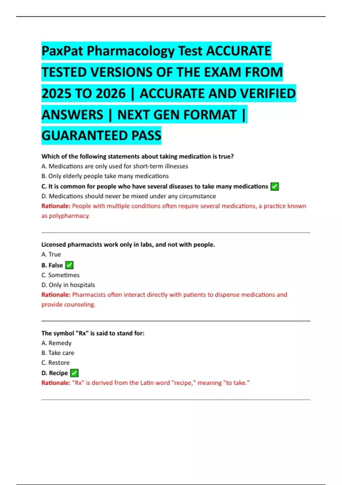 PaxPat Pharmacology Test ACCURATE TESTED VERSIONS OF THE EXAM FROM 2025 ...