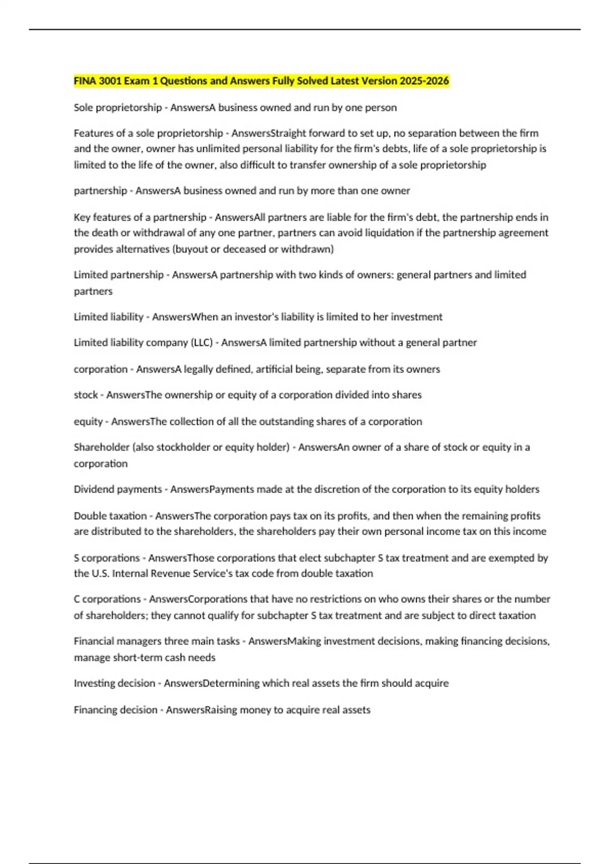 FINA 3001 Exam 1 Questions and Answers Fully Solved Latest Version ...