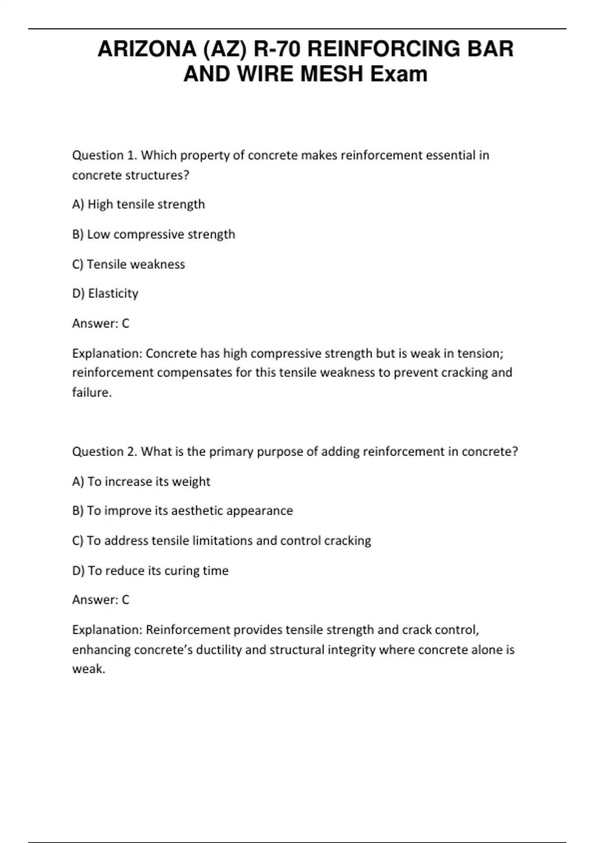 ARIZONA (AZ) R-70 REINFORCING BAR AND WIRE MESH Exam - Computer - Stuvia US