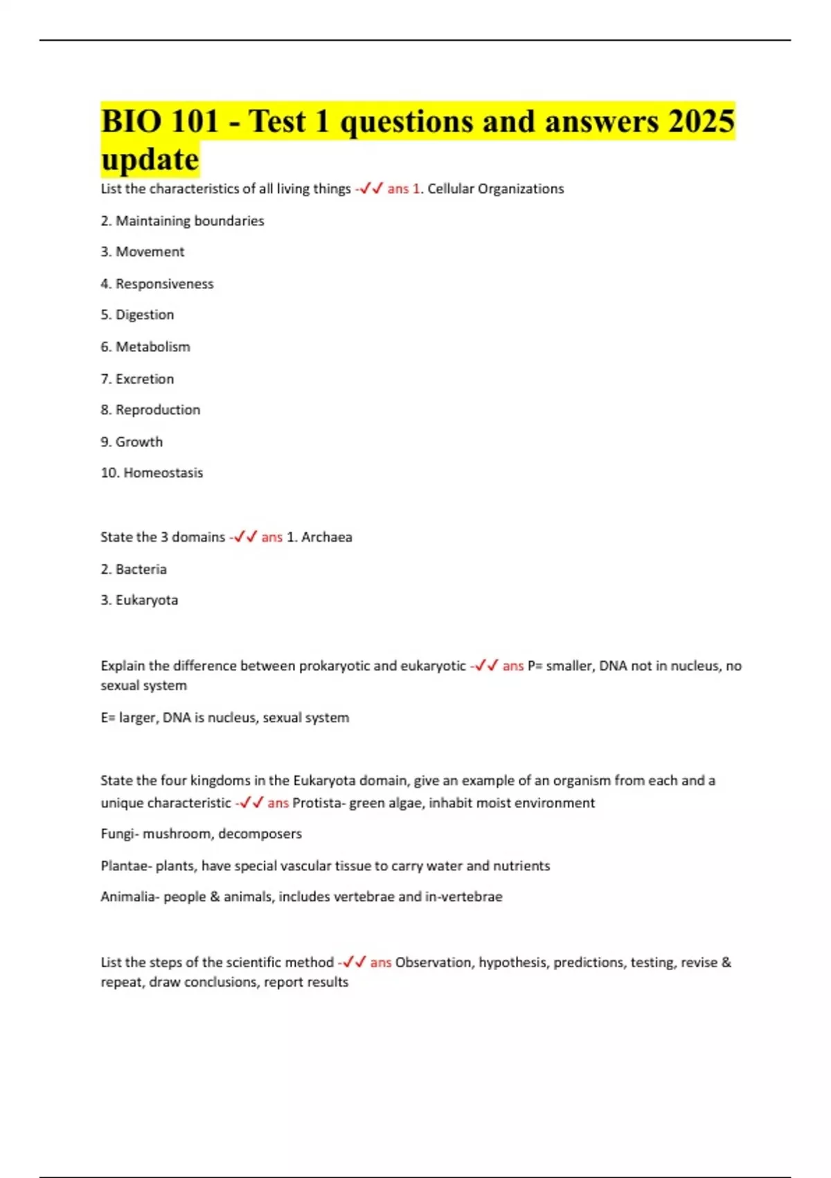BIO 101 - Test 1 questions and answers 2025 update - BIO 101 - Stuvia US