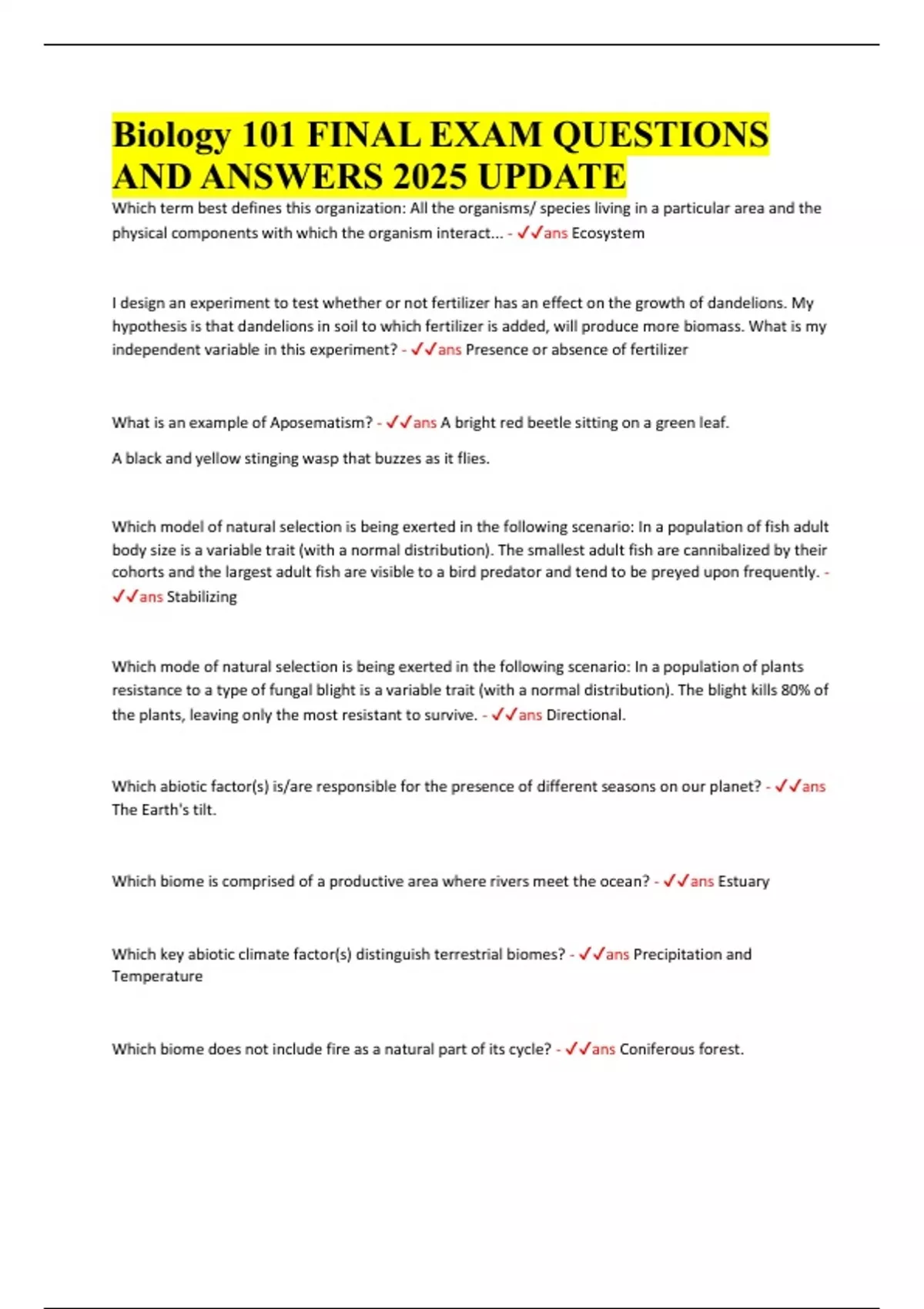 Biology 101 FINAL EXAM QUESTIONS AND ANSWERS 2025 UPDATE - Biology 101 - Stuvia US