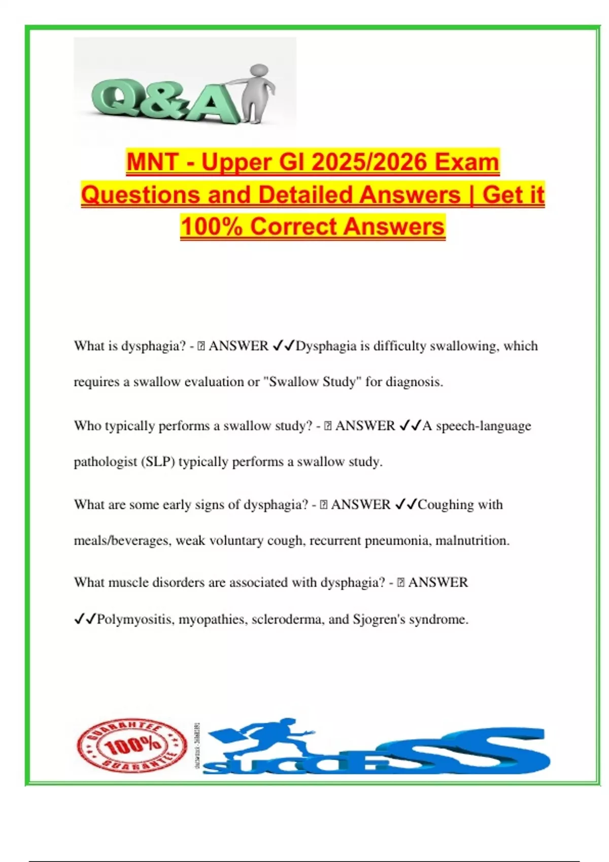 MNT5 Upper GI Disorders & Dysphagia Exam 2025/2026 – 75+ Verified Questions & Answers | GERD ...