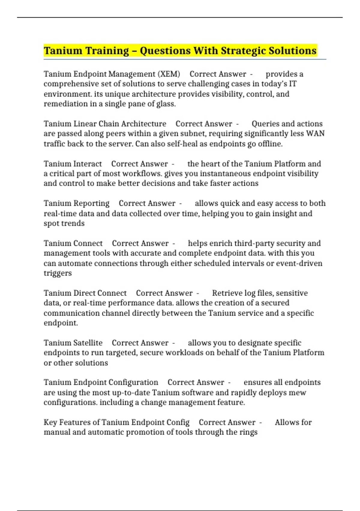 Tanium Training – Questions With Strategic Solutions - Tanium Certifications - Stuvia US