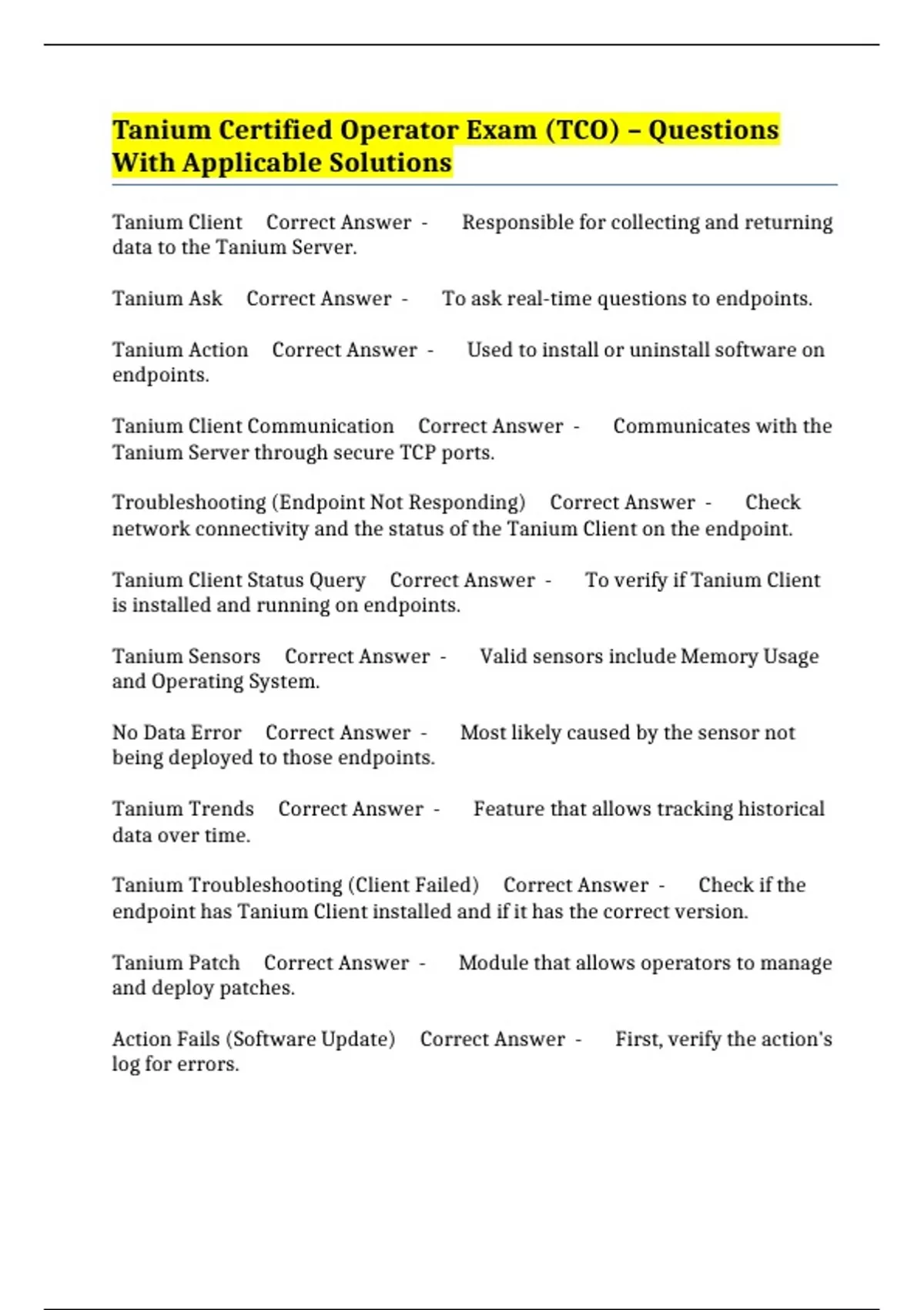 Tanium Certified Operator Exam (TCO) – Questions With Applicable ...