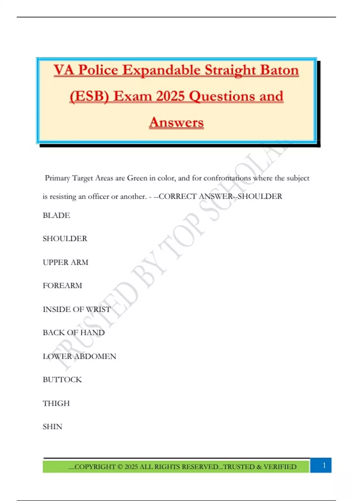VA Police Expandable Straight Baton (ESB) Exam 2025 Questions and ...