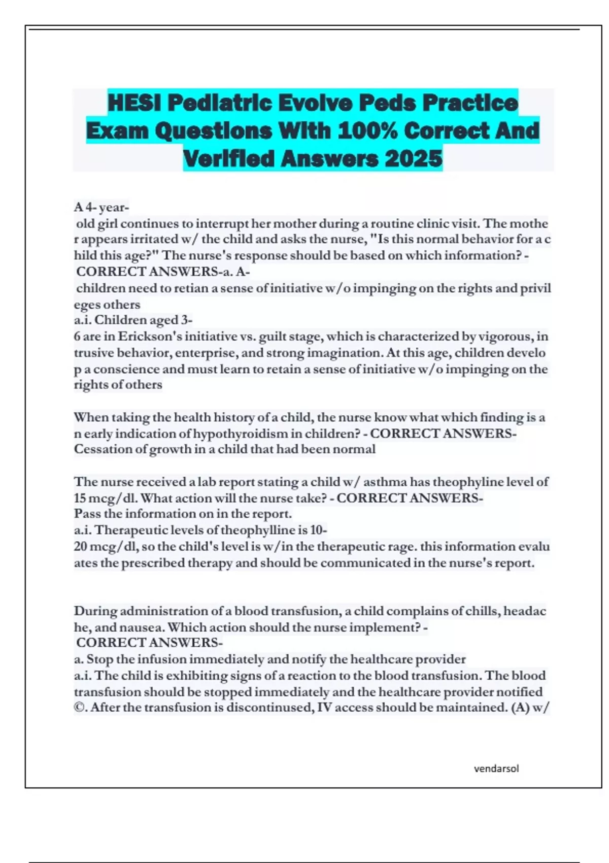 HESI Pediatric Evolve Peds Practice Exam Questions With 100% Correct And Verified Answers 2025 ...