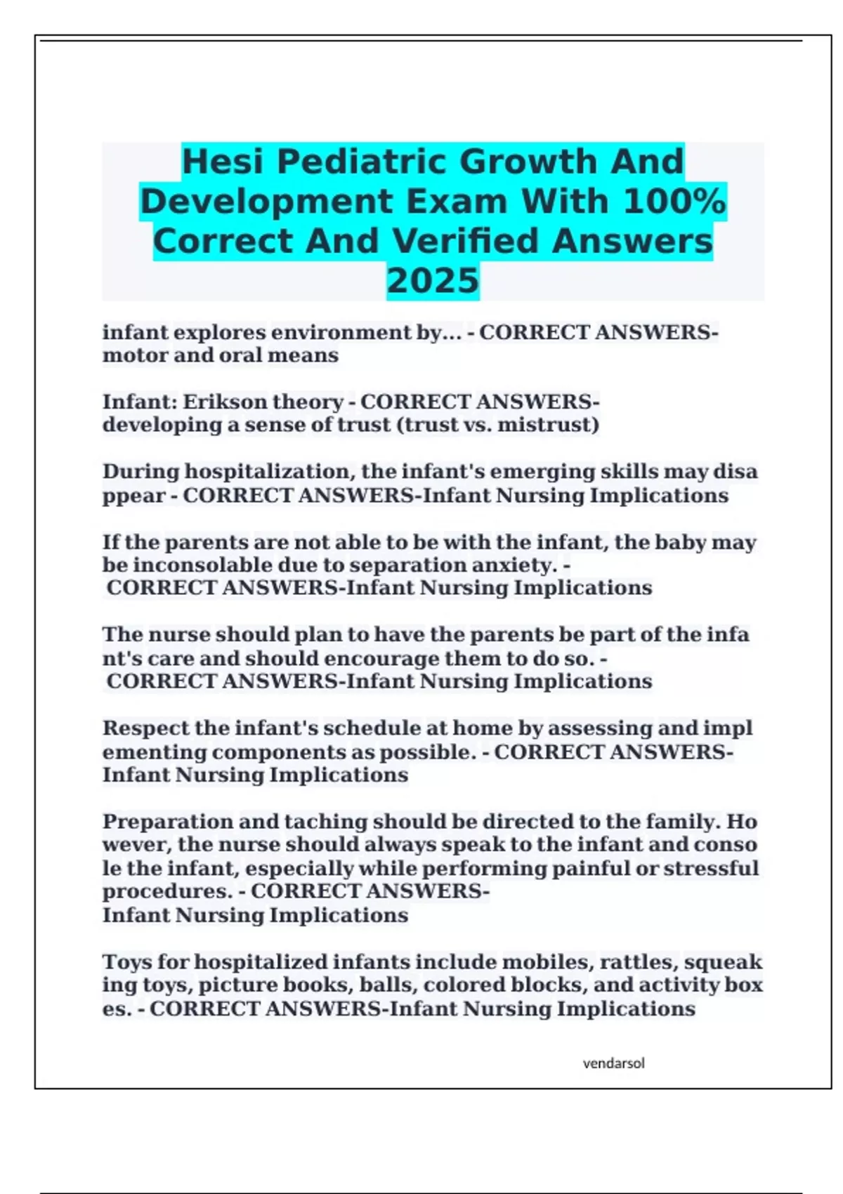 Hesi Pediatric Growth And Development Exam With 100% Correct And ...