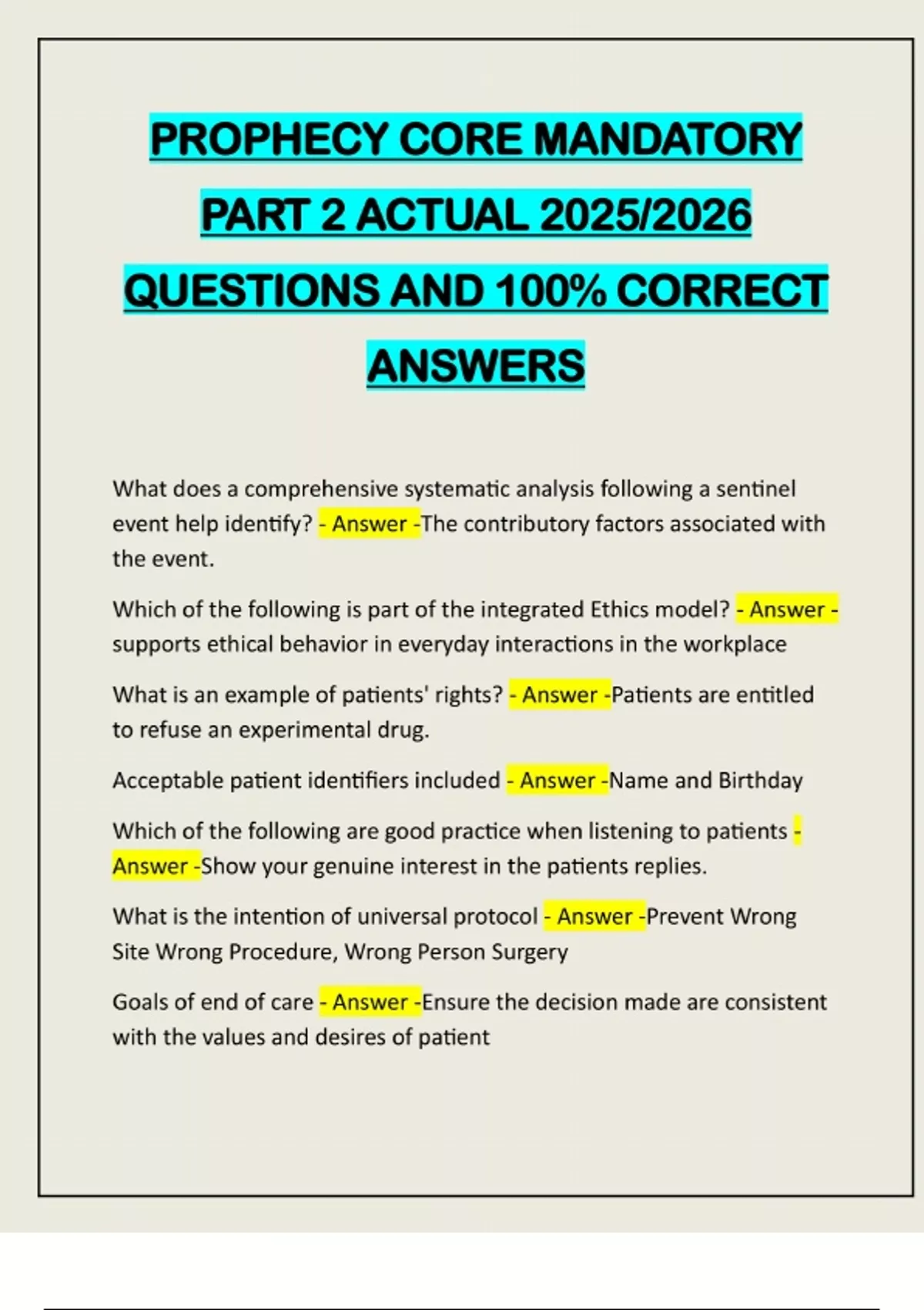 PROPHECY CORE MANDATORY PART 2 ACTUAL 2025/2026 QUESTIONS AND 100% ...