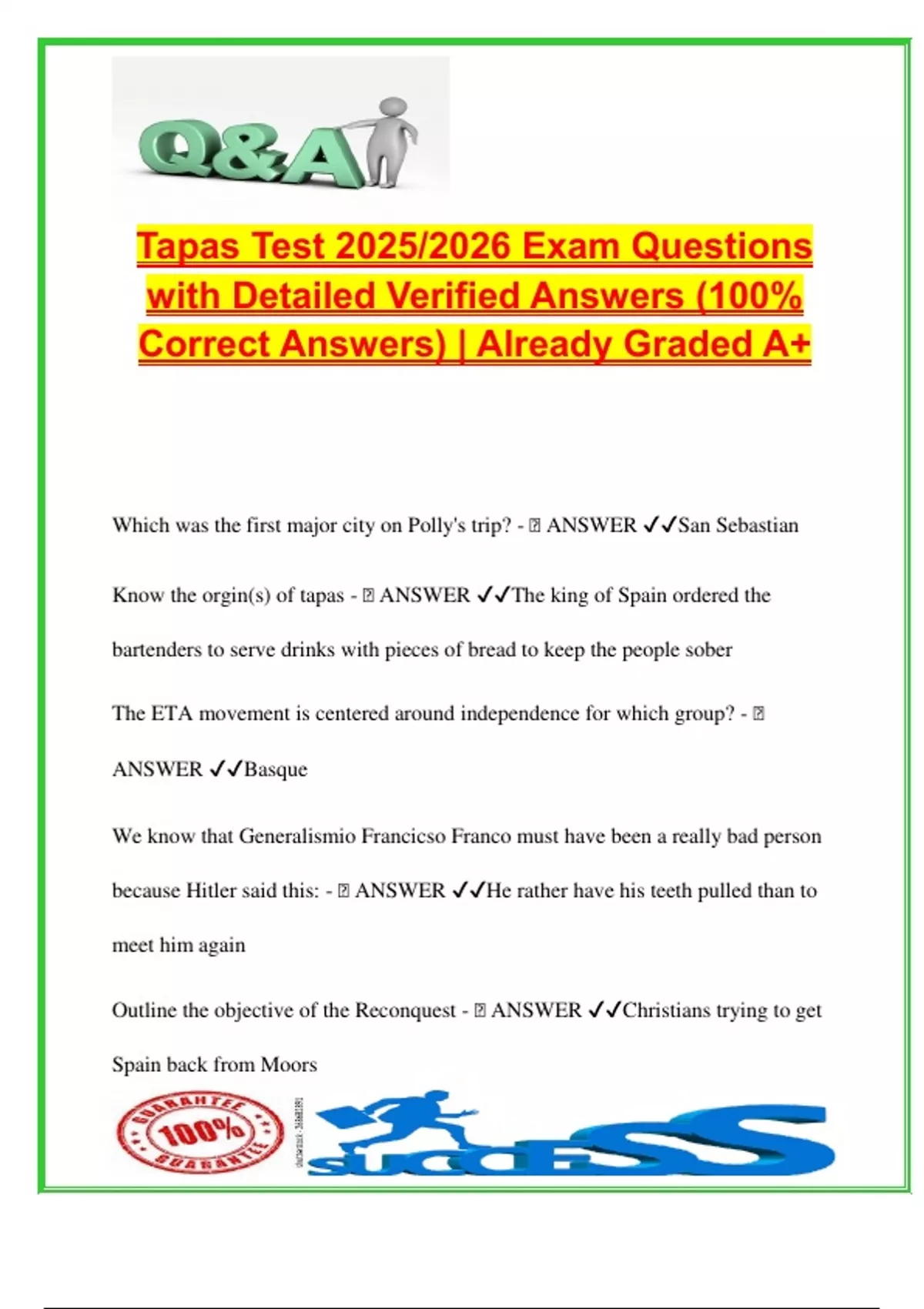 Tapas Test 2025 – 60 Verified Questions with Answers | Spanish History ...