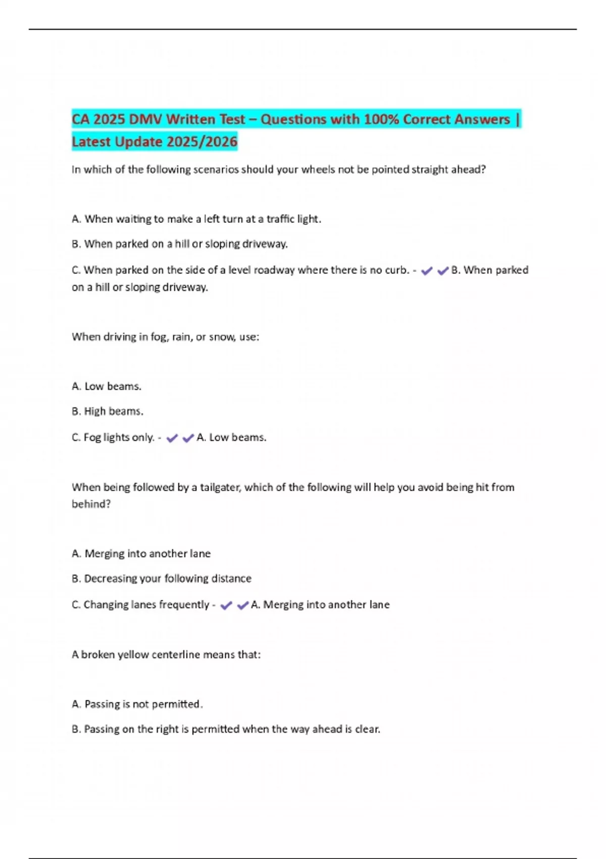 CA 2025 DMV Written Test – Questions with 100% Correct Answers | Latest ...
