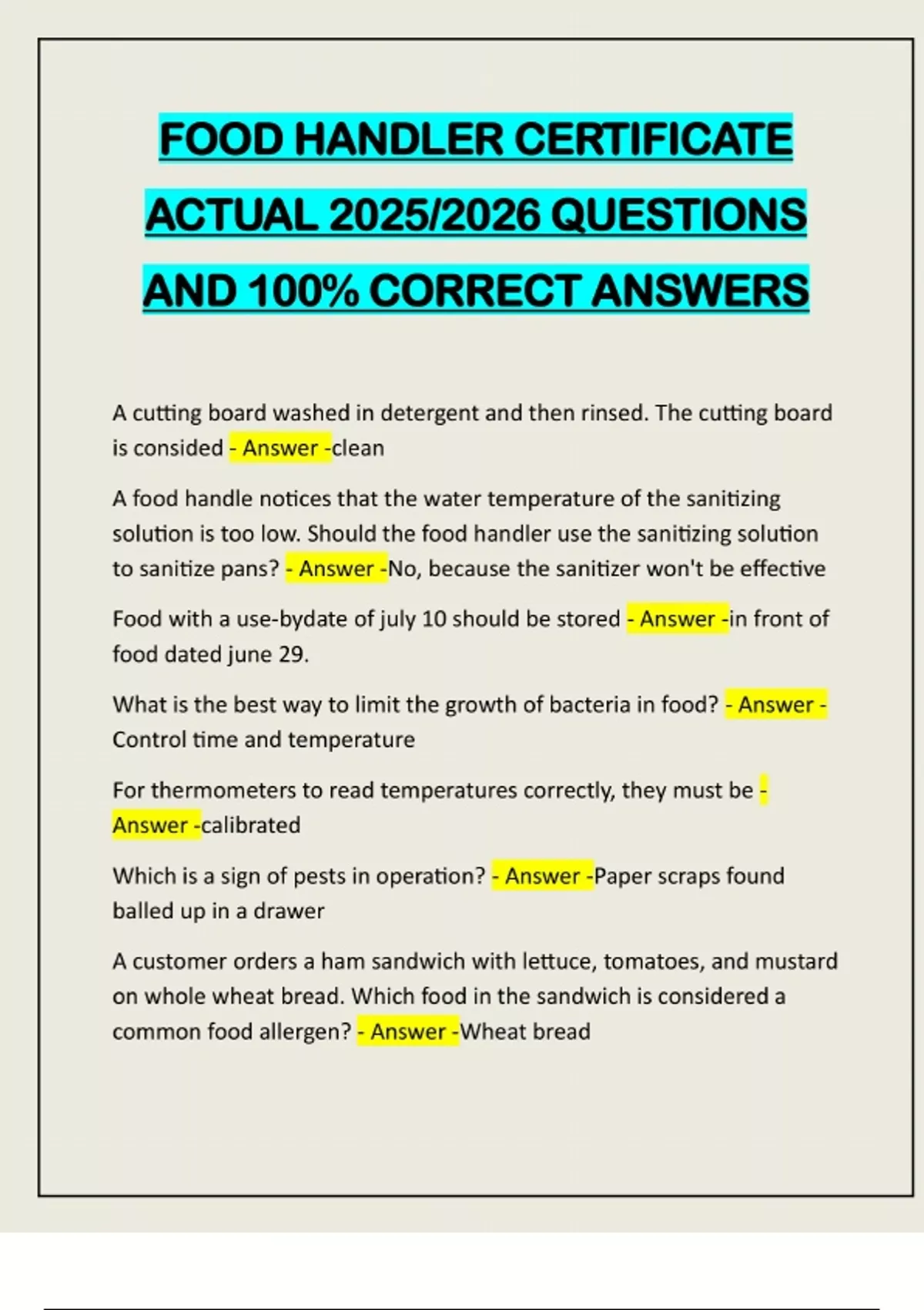 FOOD HANDLER CERTIFICATE ACTUAL 2025/2026 QUESTIONS AND 100% CORRECT ...