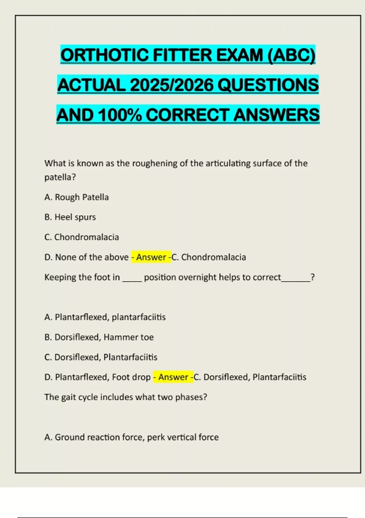 ORTHOTIC FITTER EXAM (ABC) ACTUAL 2025/2026 QUESTIONS AND 100% CORRECT ...