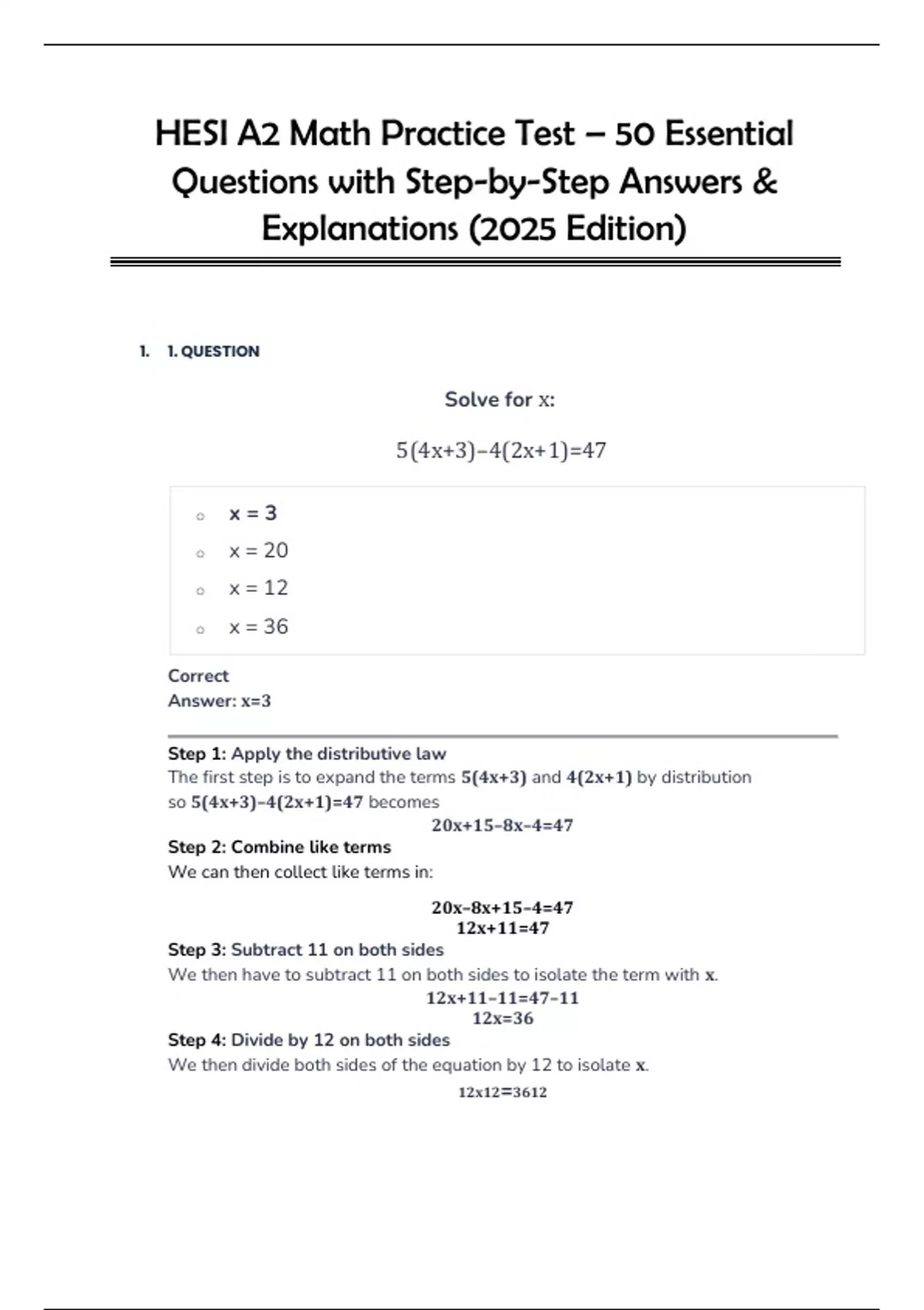 HESI A2 – Mathematics Section Practice (2025 Edition), USA – 50 Essential Practice Questions ...