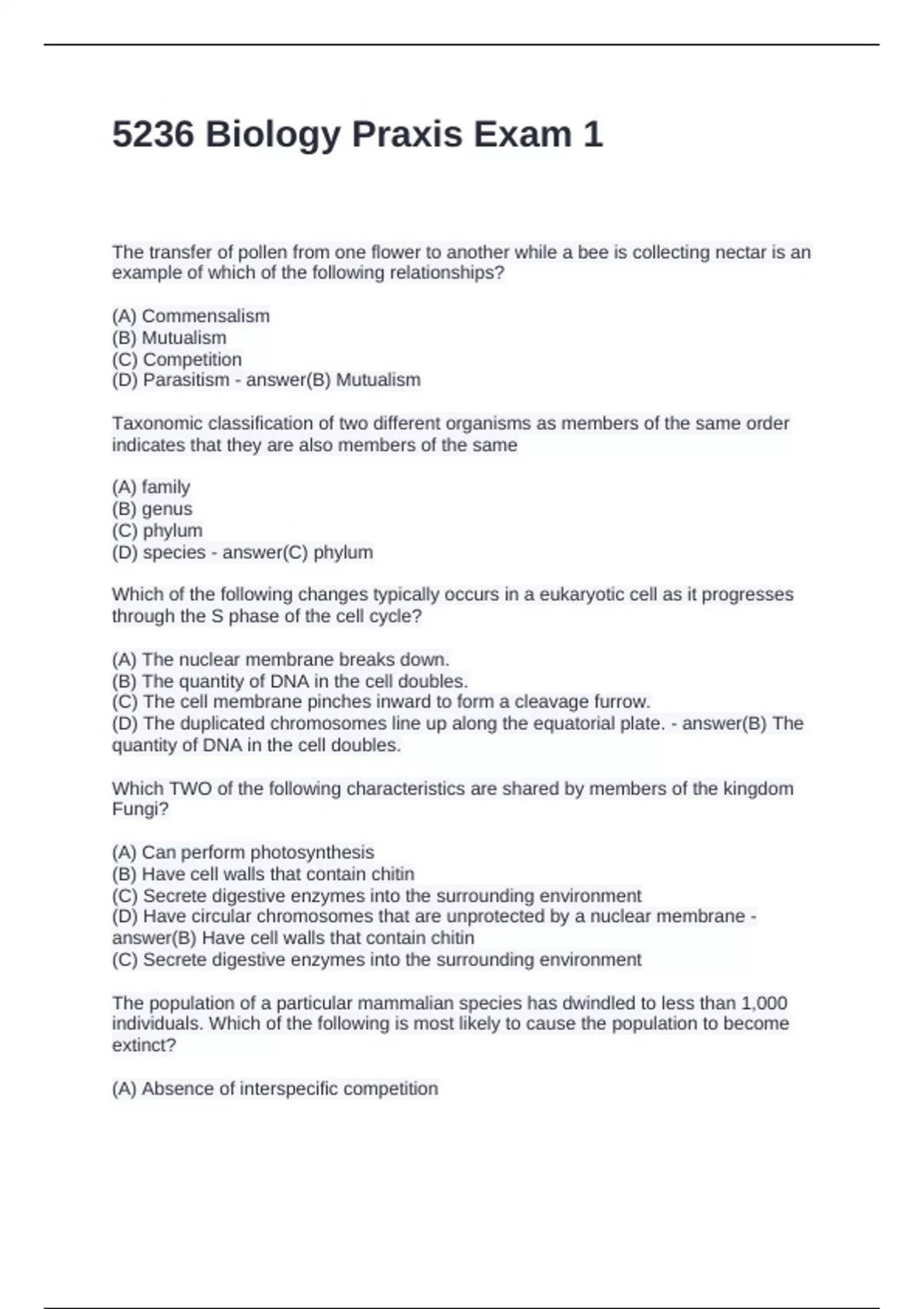 5236 Biology Praxis Exam 1 Questions and Answers 2025 - Praxis 5236 ...