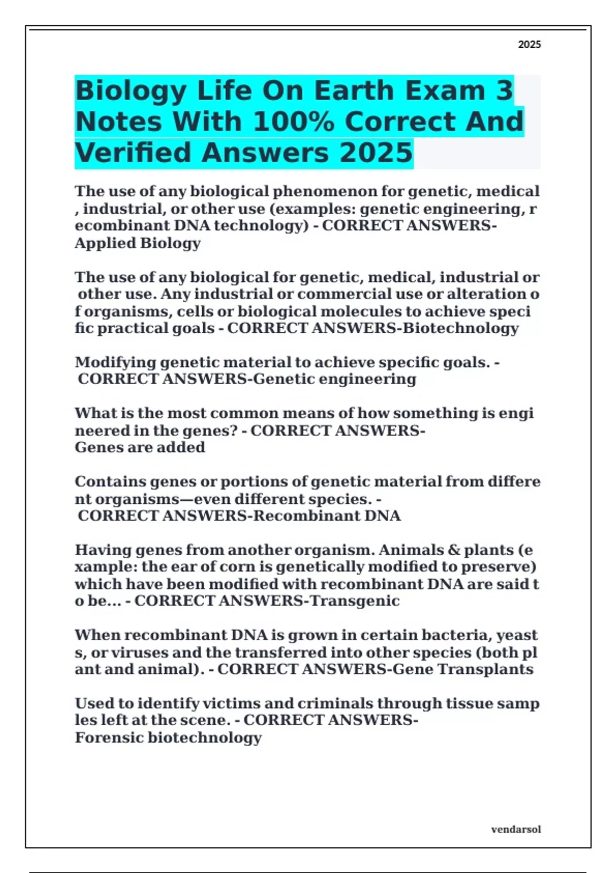 Biology Life On Earth Exam 3 Notes With 100% Correct And Verified ...