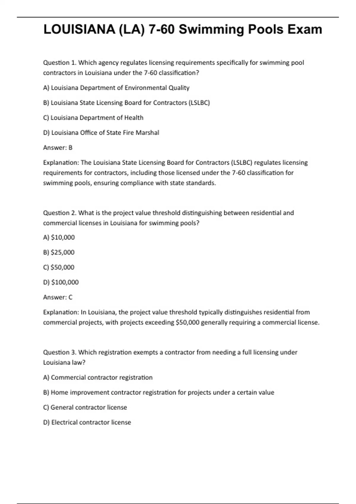 LOUISIANA (LA) 7-60 Swimming Pools Exam - Computer - Stuvia US