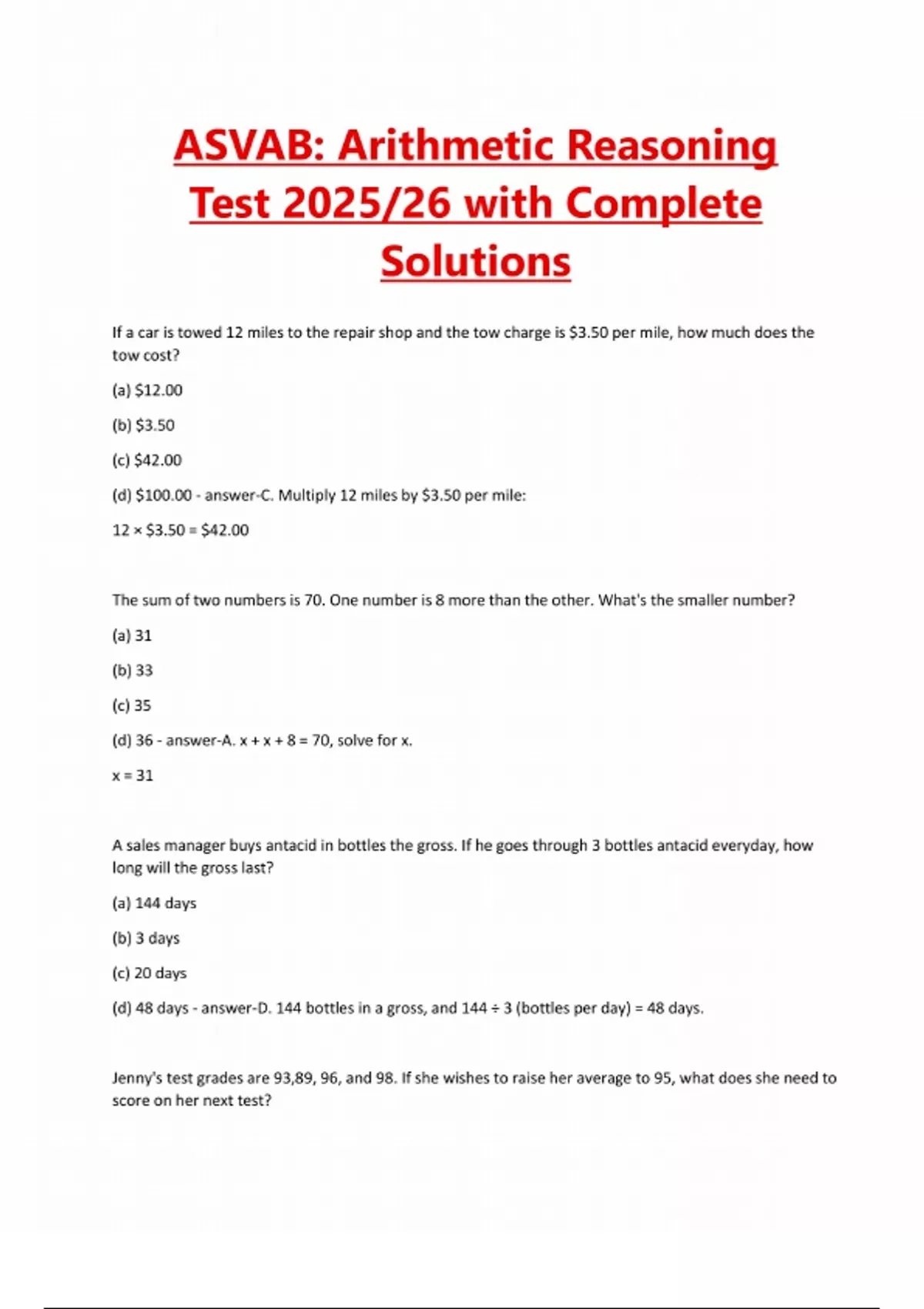 ASVAB: Arithmetic Reasoning Test 2025/26 with Complete Solutions ...