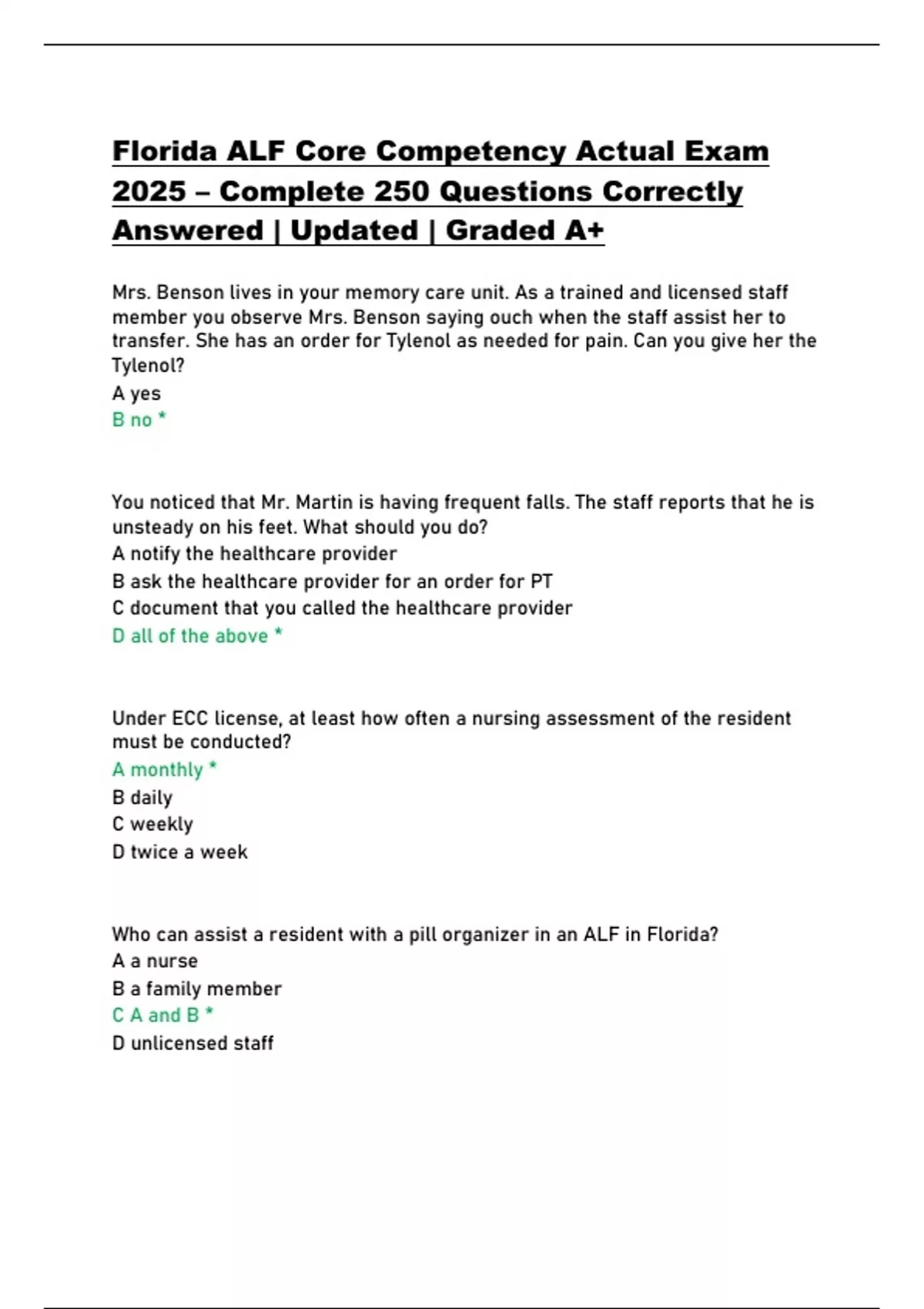 Florida ALF Core Competency Actual Exam 2025 – Complete 250 Questions ...