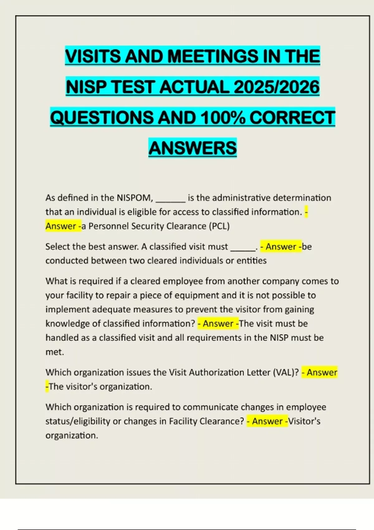 VISITS AND MEETINGS IN THE NISP TEST ACTUAL 2025/2026 QUESTIONS AND 100 ...