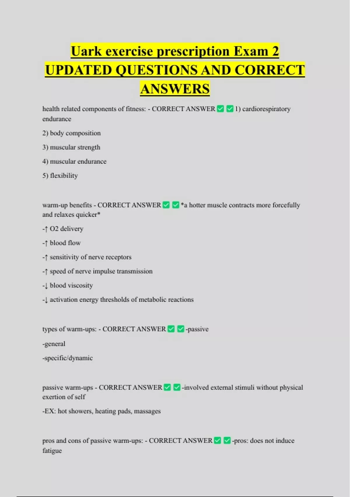 Uark exercise prescription Exam 2 UPDATED QUESTIONS AND CORRECT ANSWERS ...
