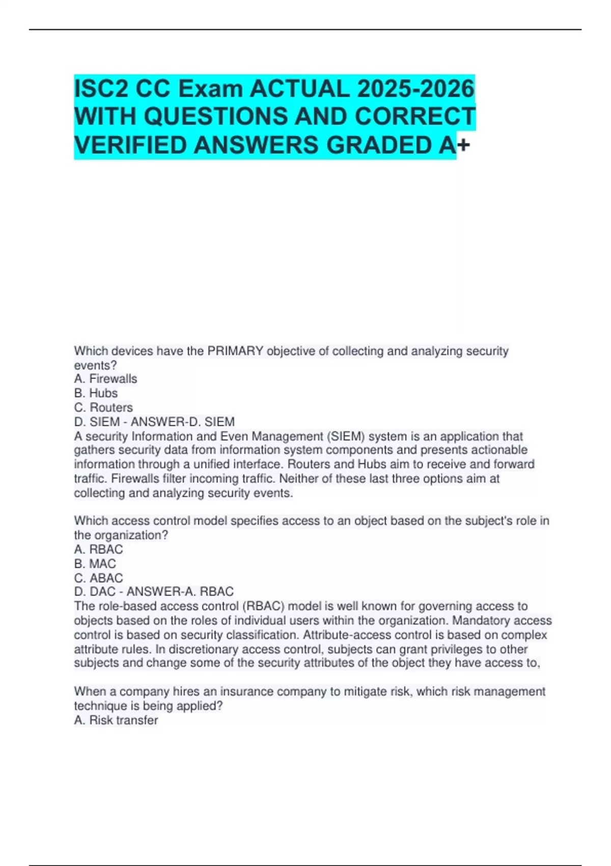 ISC2 CC Exam ACTUAL WITH QUESTIONS AND CORRECT VERIFIED ANSWERS GRADED A+ - ISC2 CC ACTUAL 2025 ...