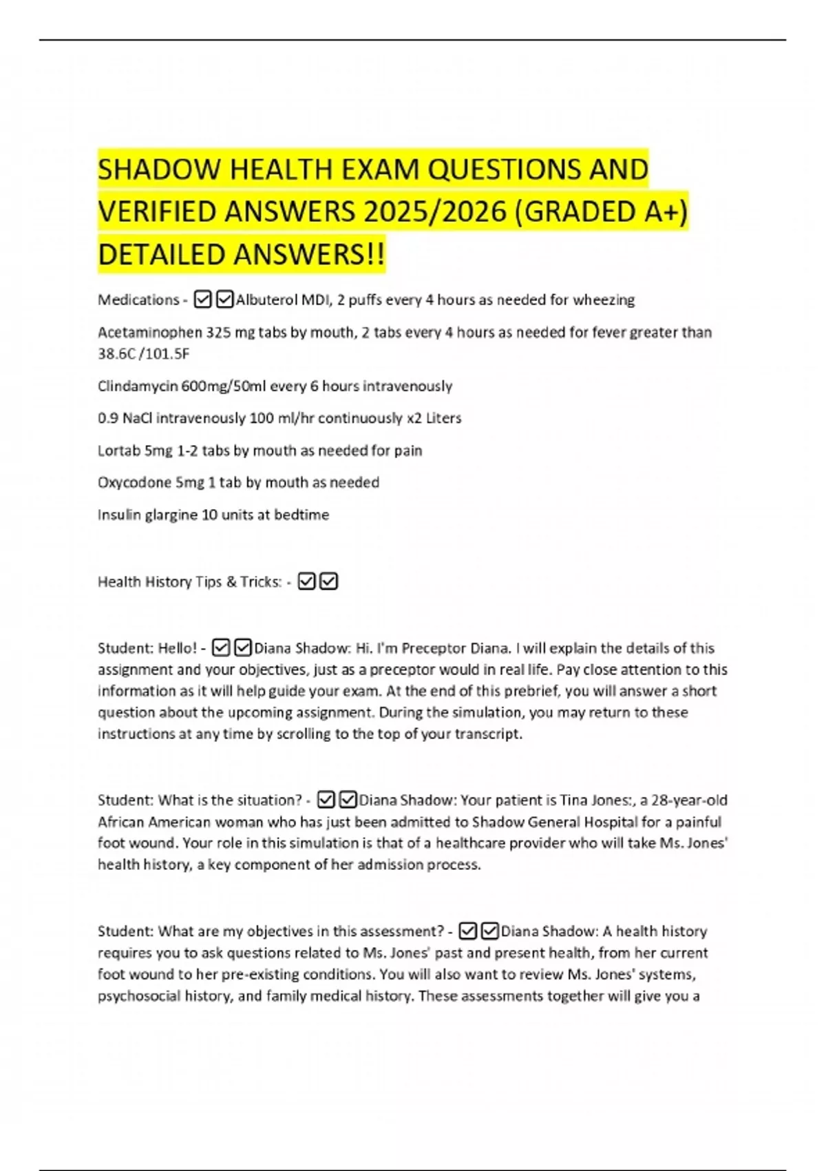 SHADOW HEALTH EXAM QUESTIONS AND VERIFIED ANSWERS 2025/2026 (GRADED A+ ...
