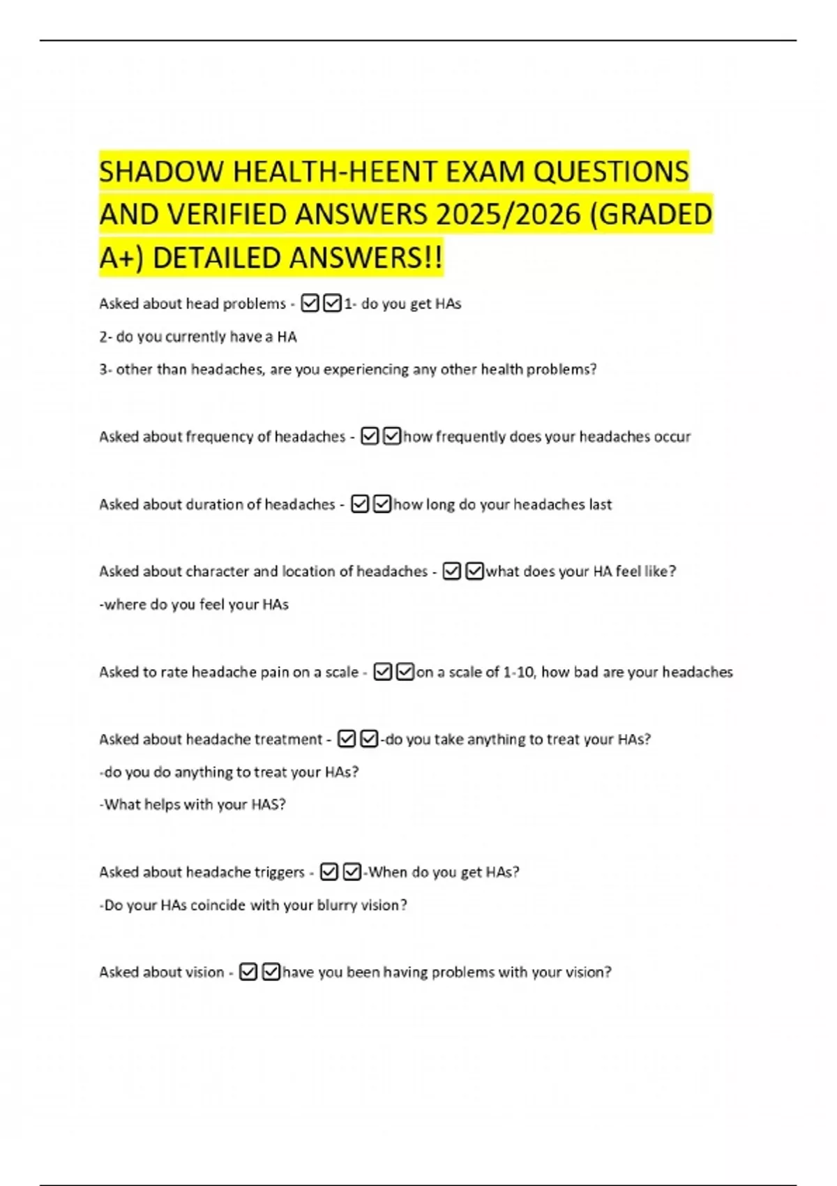 SHADOW HEALTH-HEENT EXAM QUESTIONS AND VERIFIED ANSWERS 2025/2026 ...