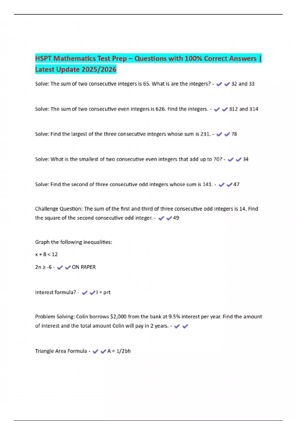 HSPT Mathematics Test Prep – Questions with 100% Correct Answers ...