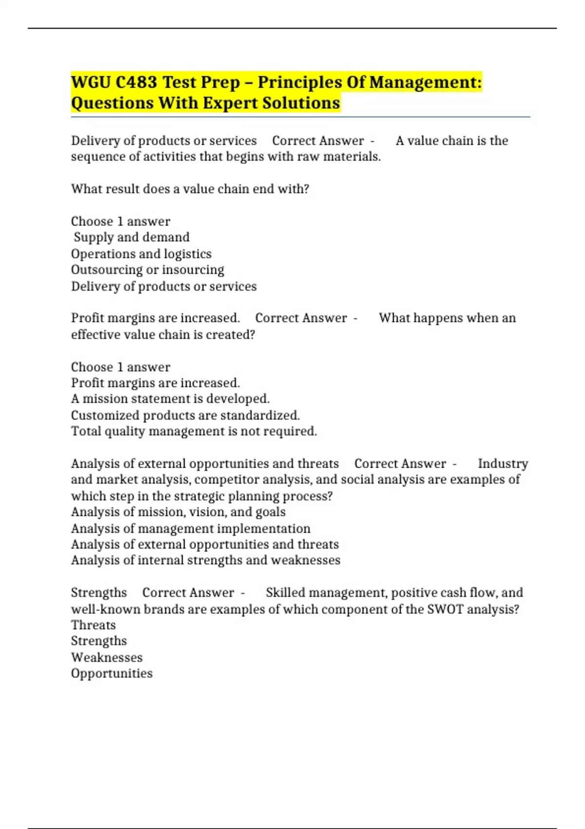 WGU C483 Test Prep – Principles Of Management: Questions With Expert ...